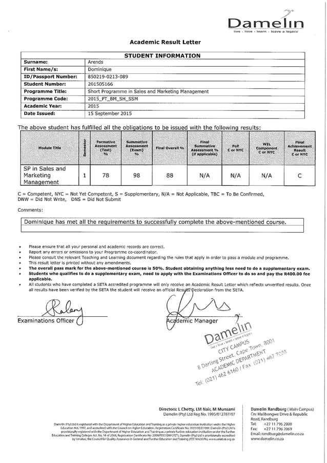 Damelin Certificate | PDF