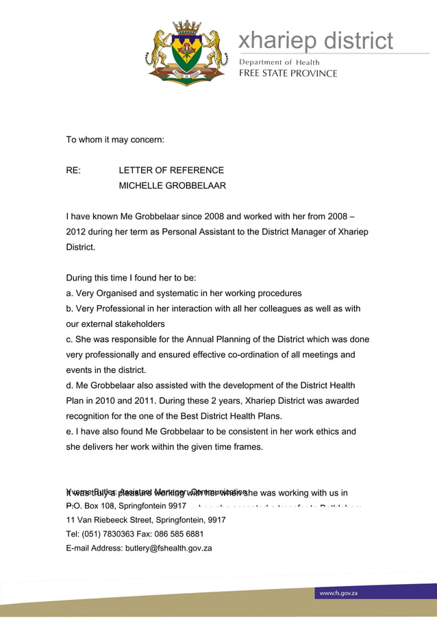 Reference Letter Michelle Grobbelaar | PDF