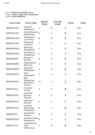 Grade Card (Don Bosco University)Complete | PDF