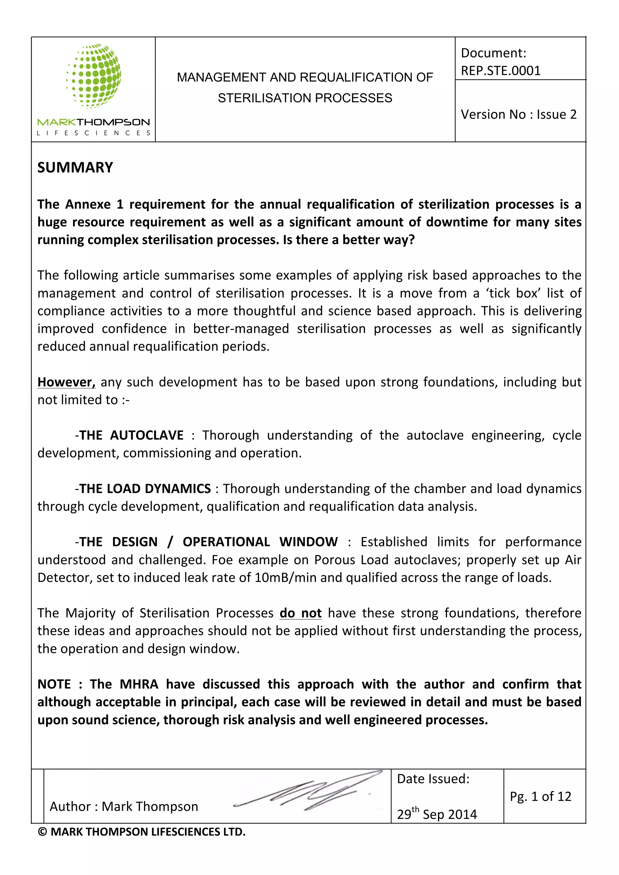 001 Management and Requalification of Sterilisation Processes | PDF