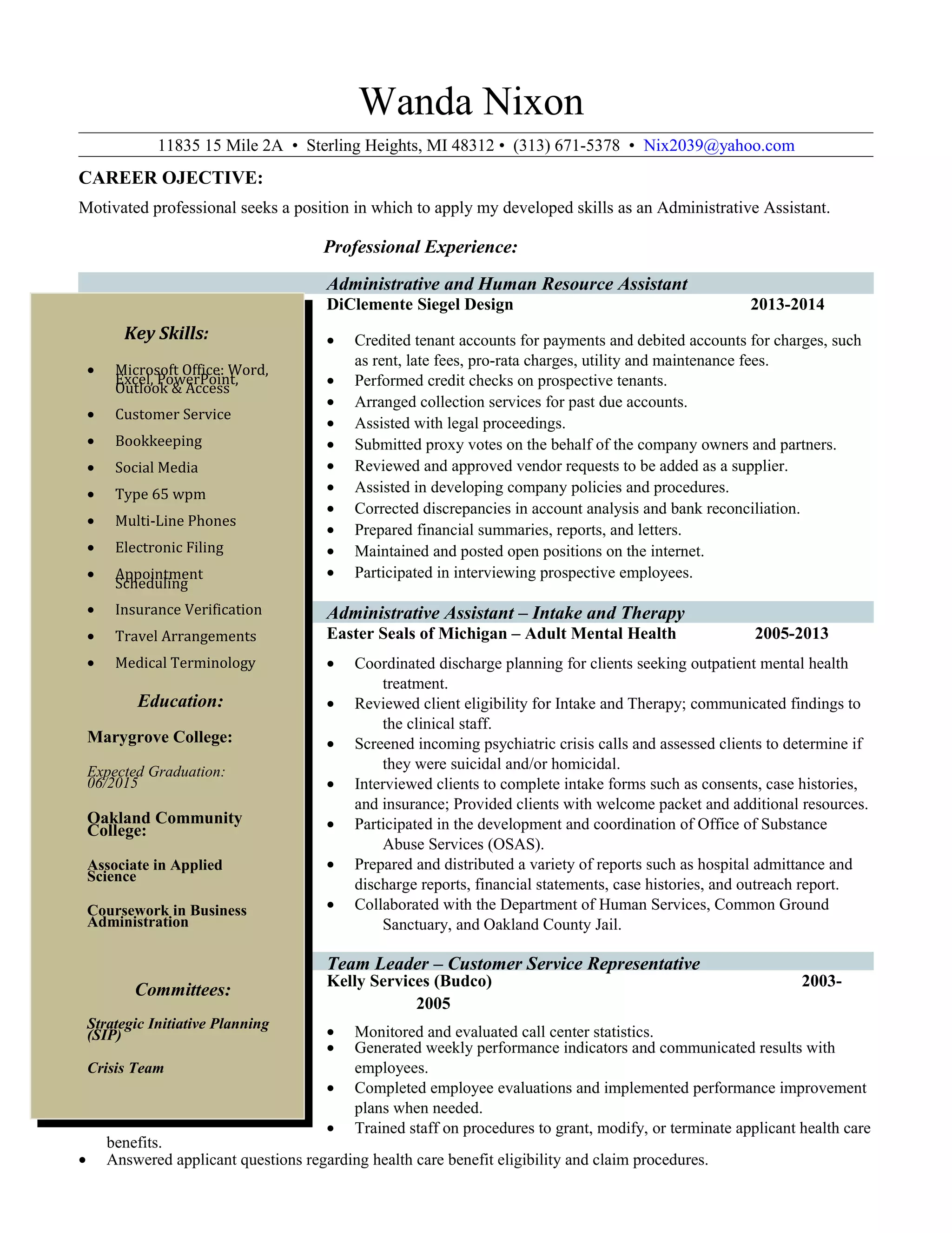 Resume of Wanda Nixon | DOC