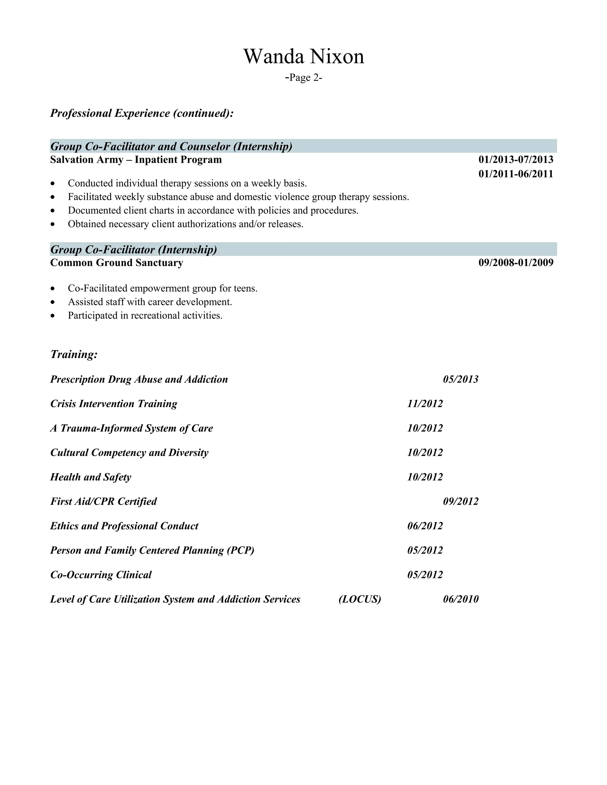 Resume of Wanda Nixon | PDF