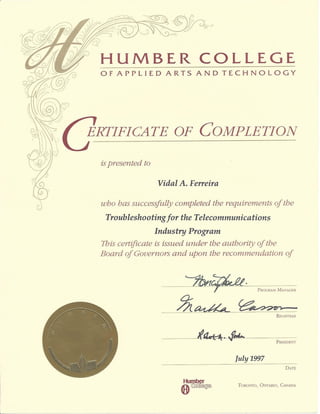 Tony Ferreira - Humber College - Certificate | PDF
