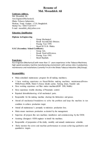 Resume of Md. Mosaddek Ali. | PDF