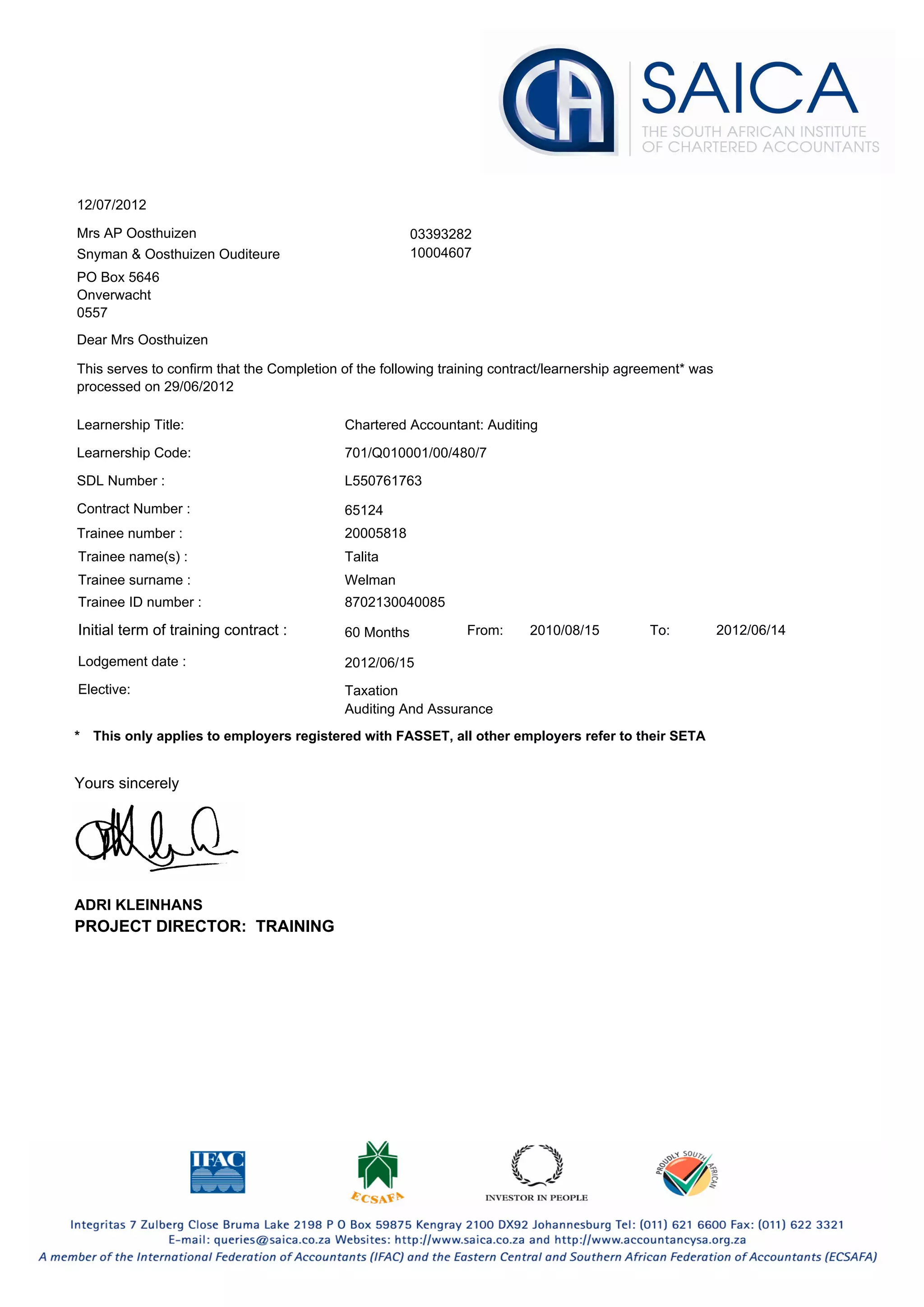 3. SAICA SERTIFICATE OF COMPLETION - TW | PDF