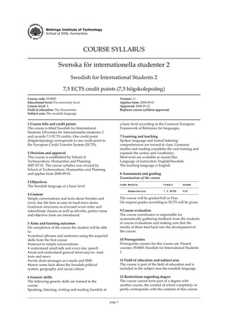 Syllabus-SV0002-Swedish for International Students 2 | PDF