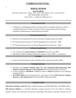 BISHALKUMAR resume | DOC | Automotive Industry | Industries