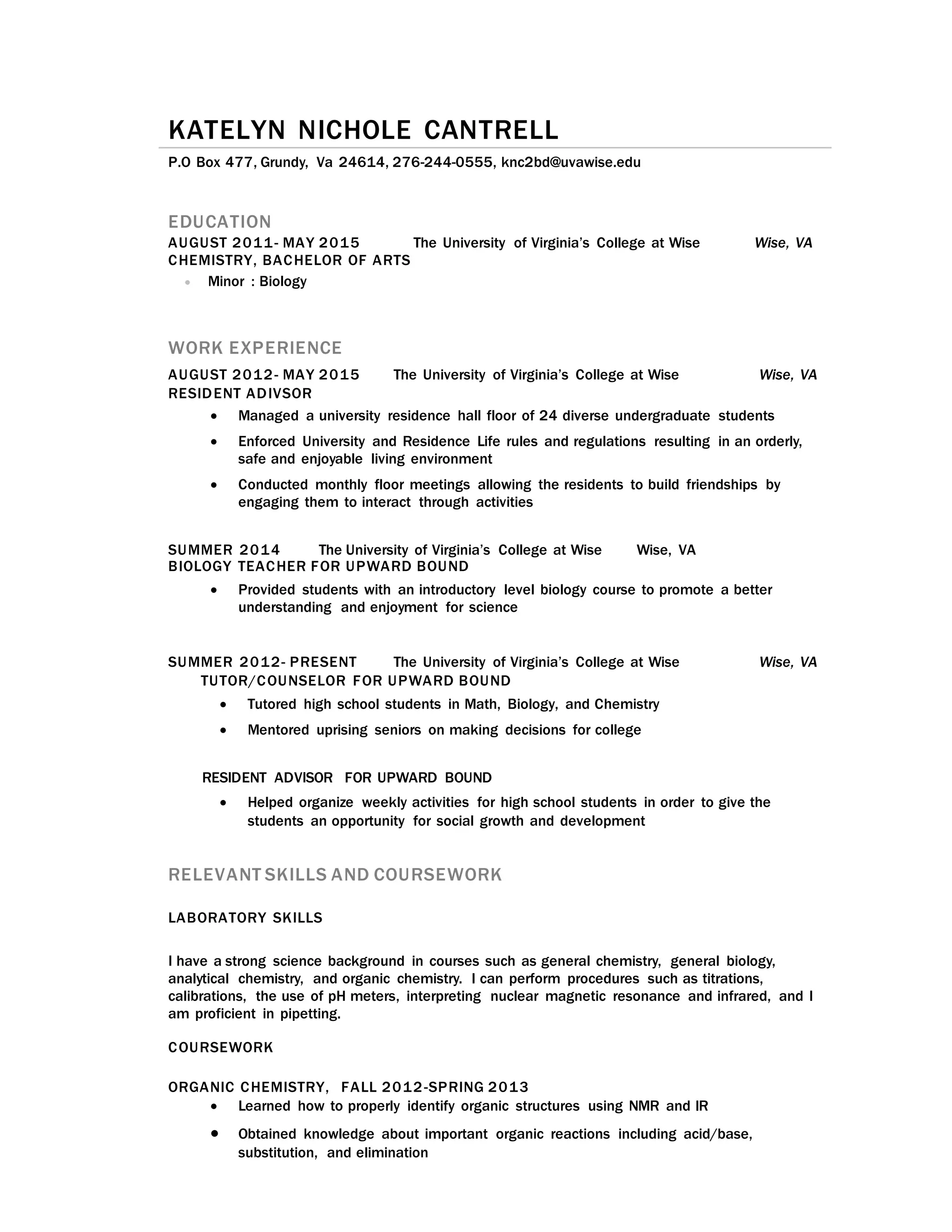 Resume, Katelyn Cantrell, | DOCX | College Education | Education