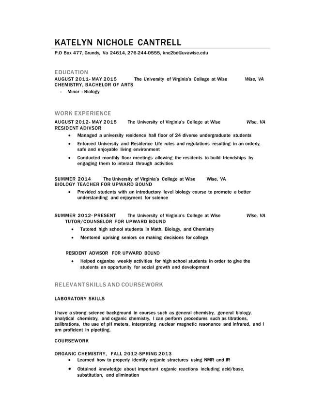 Resume, Katelyn Cantrell, | DOCX | College Education | Education