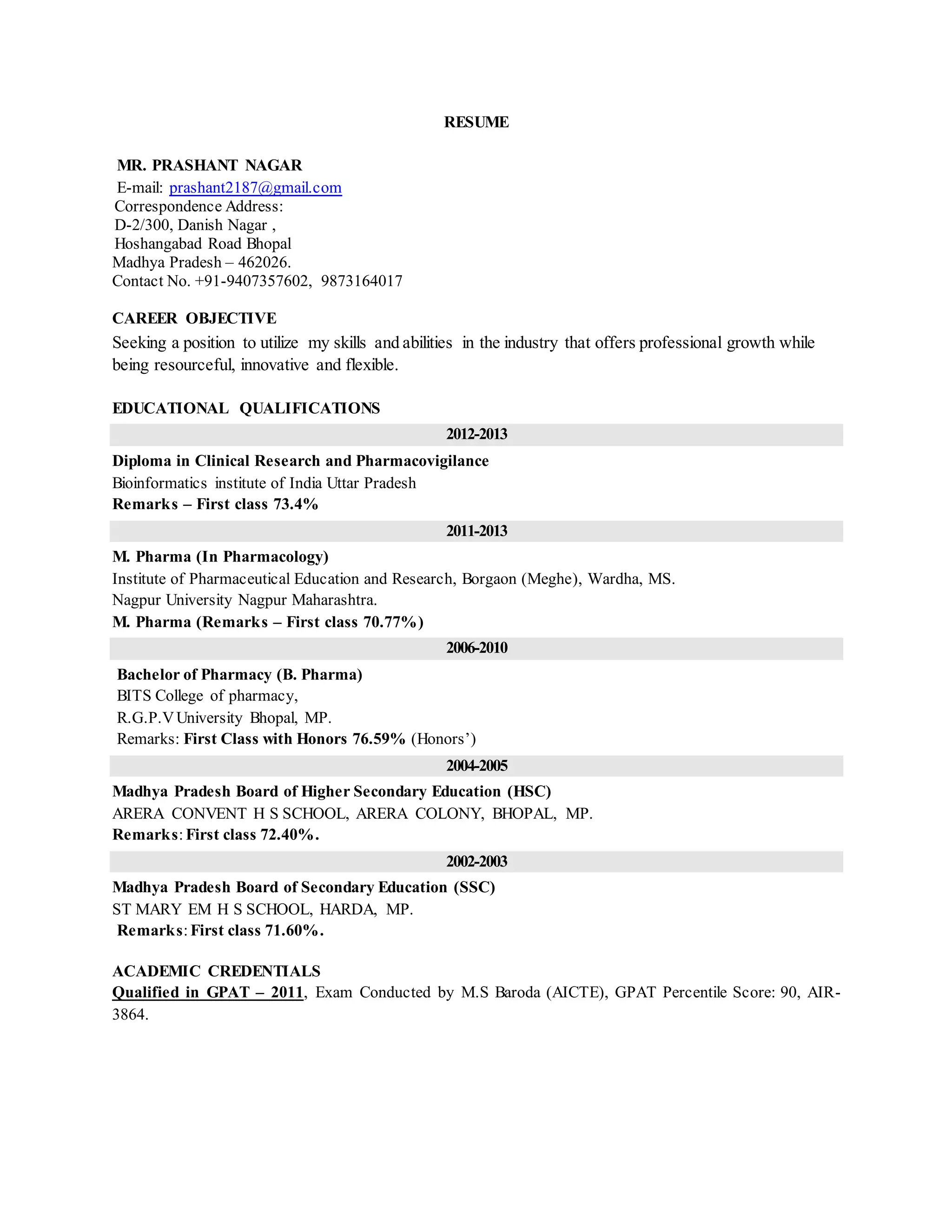 Resume For PV | DOCX | Pharmaceutical Industry | Industries