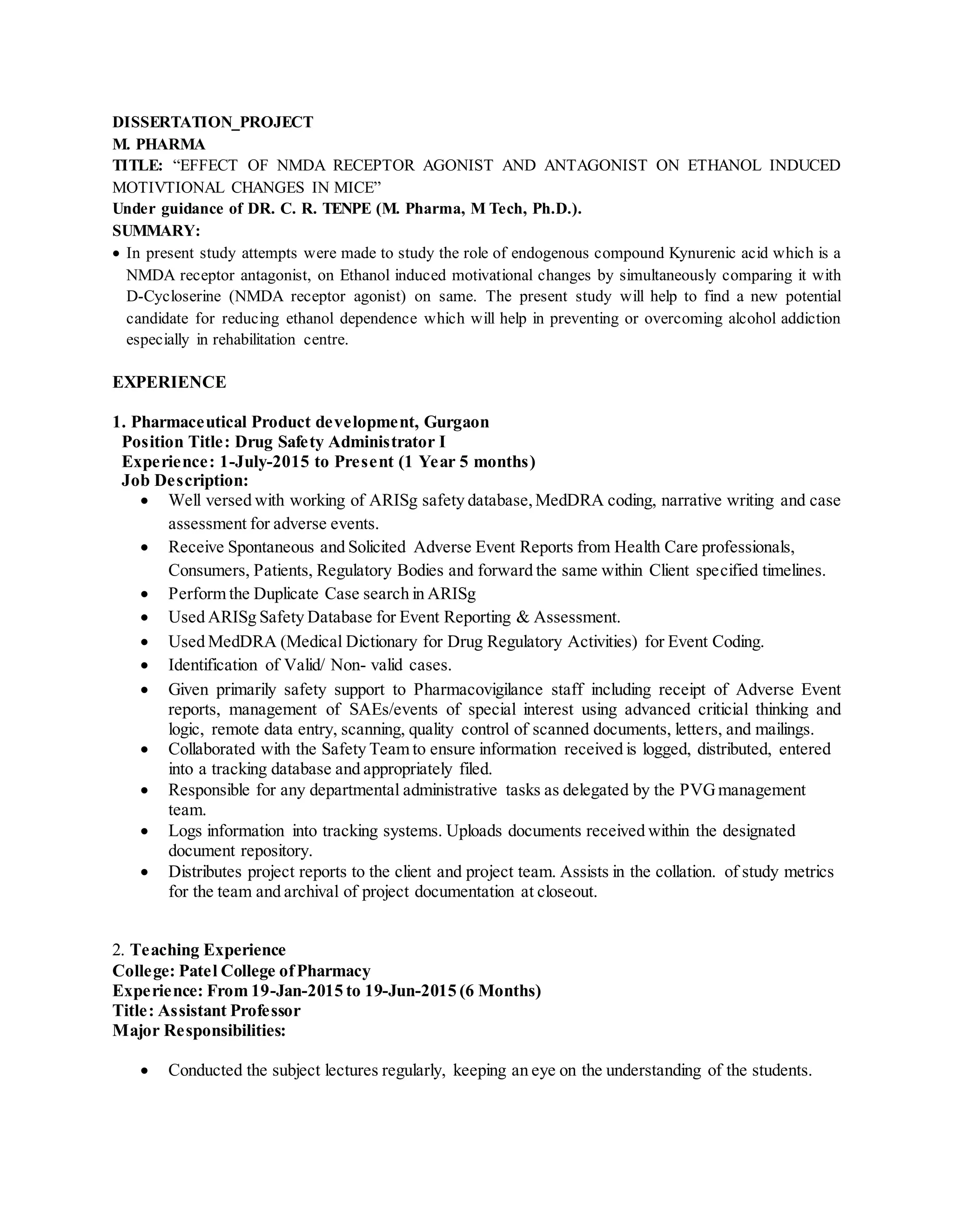 Resume For PV | DOCX | Pharmaceutical Industry | Industries
