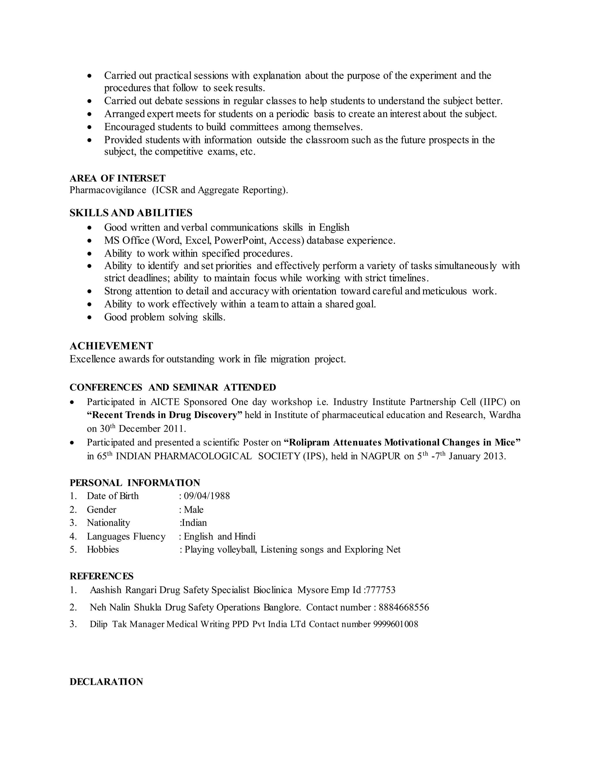 Resume For PV | DOCX | Pharmaceutical Industry | Industries