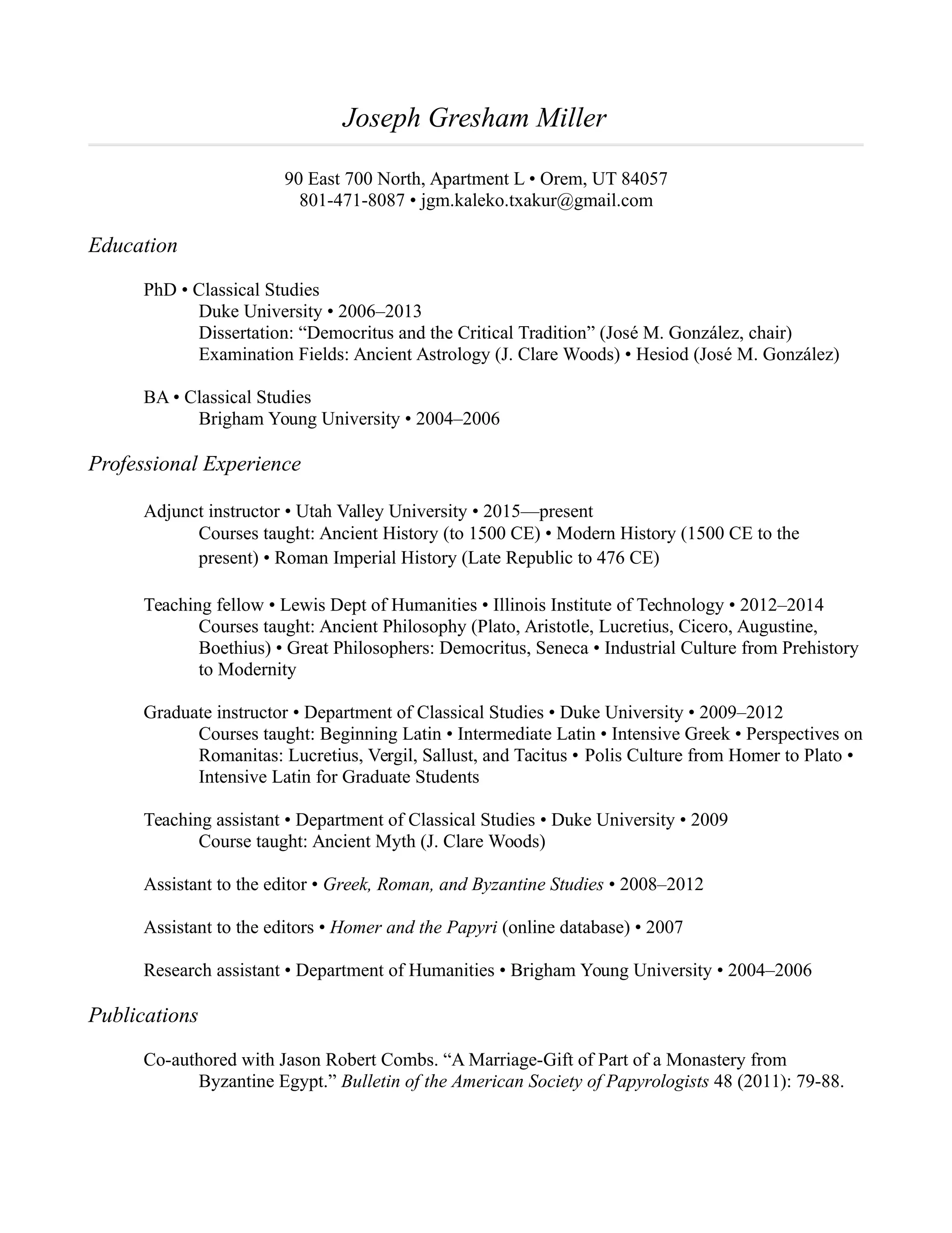 Joseph Miller. Curriculum Vitae (2015) | PDF