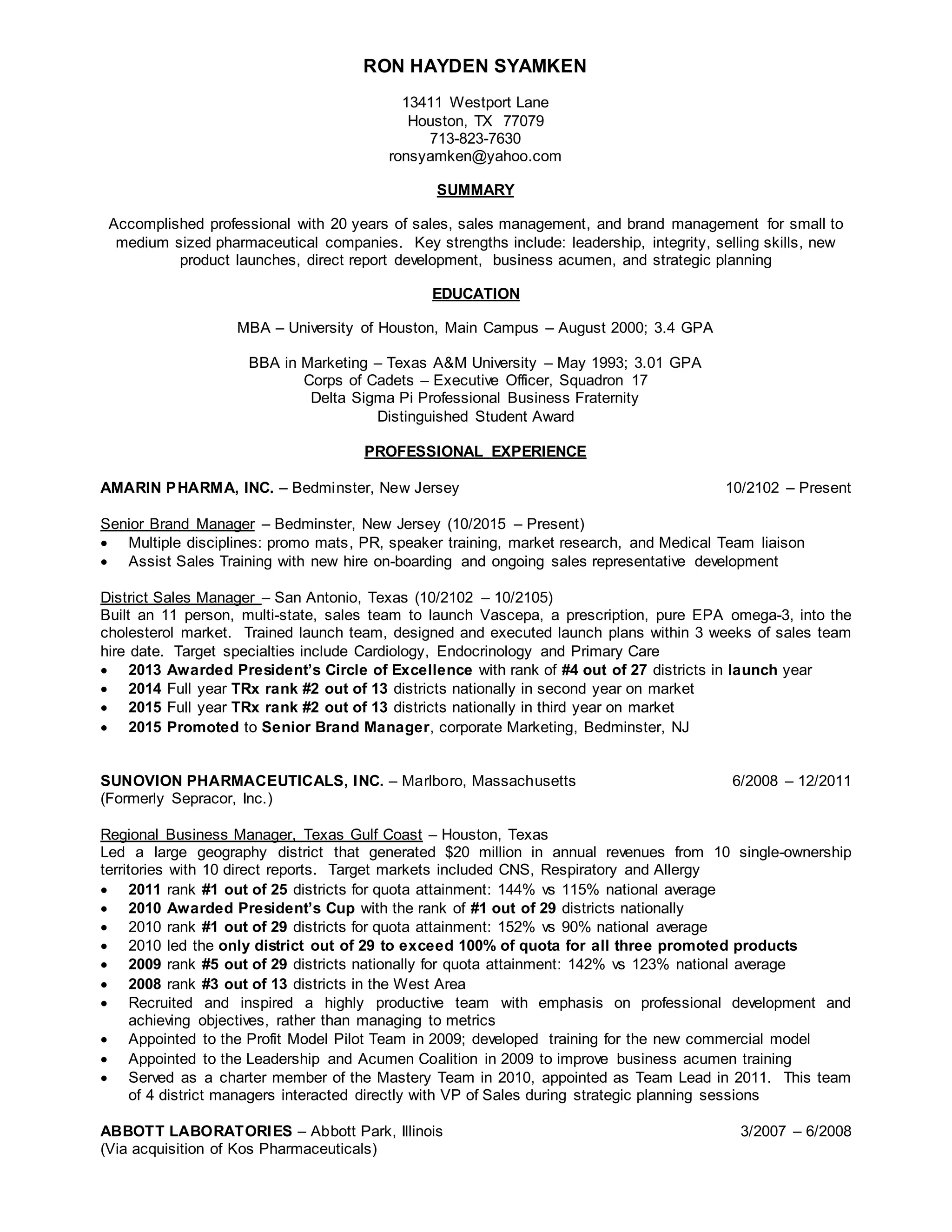 Ron Syamken Resume CV 2016 | DOCX