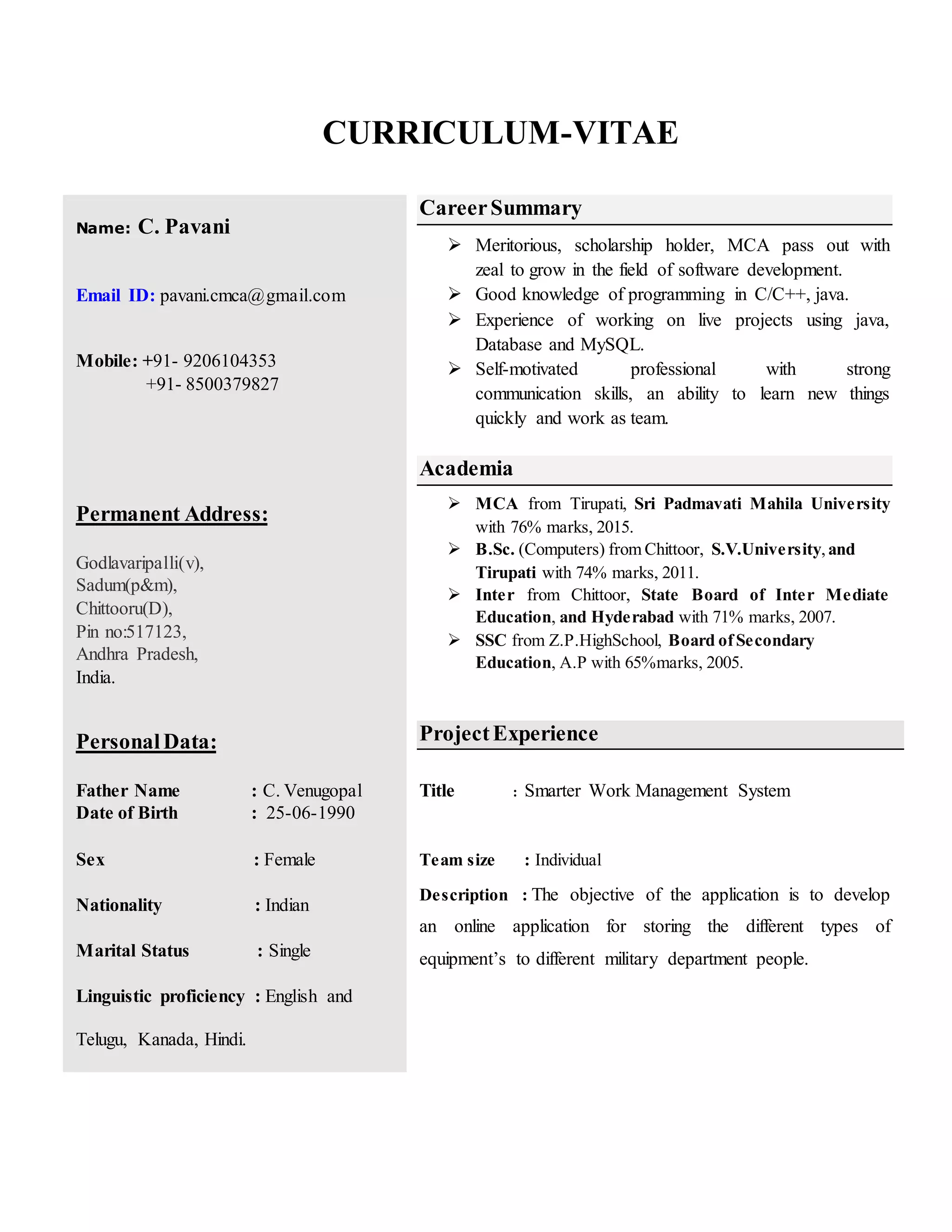 mca resume | DOCX