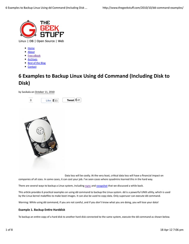 6 examples to backup linux using dd command (including disk to disk) | PDF