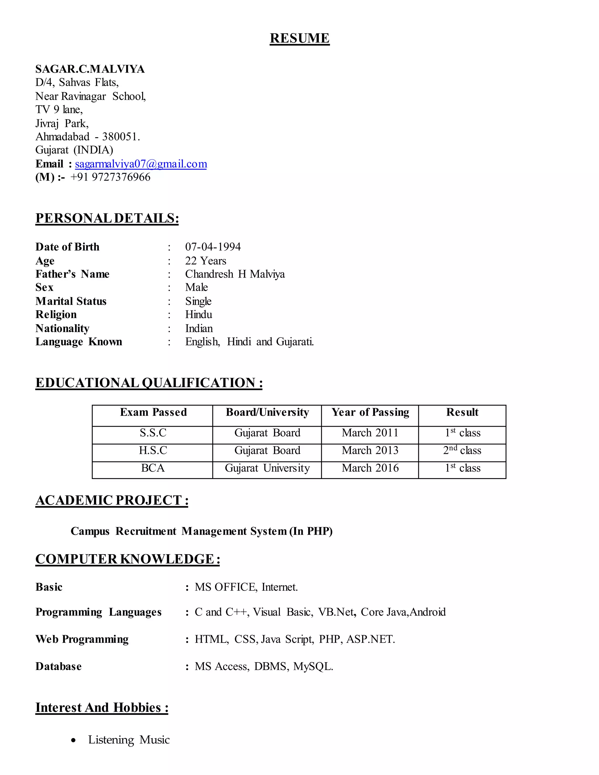Sagar RESUME (Without Photo) | PDF