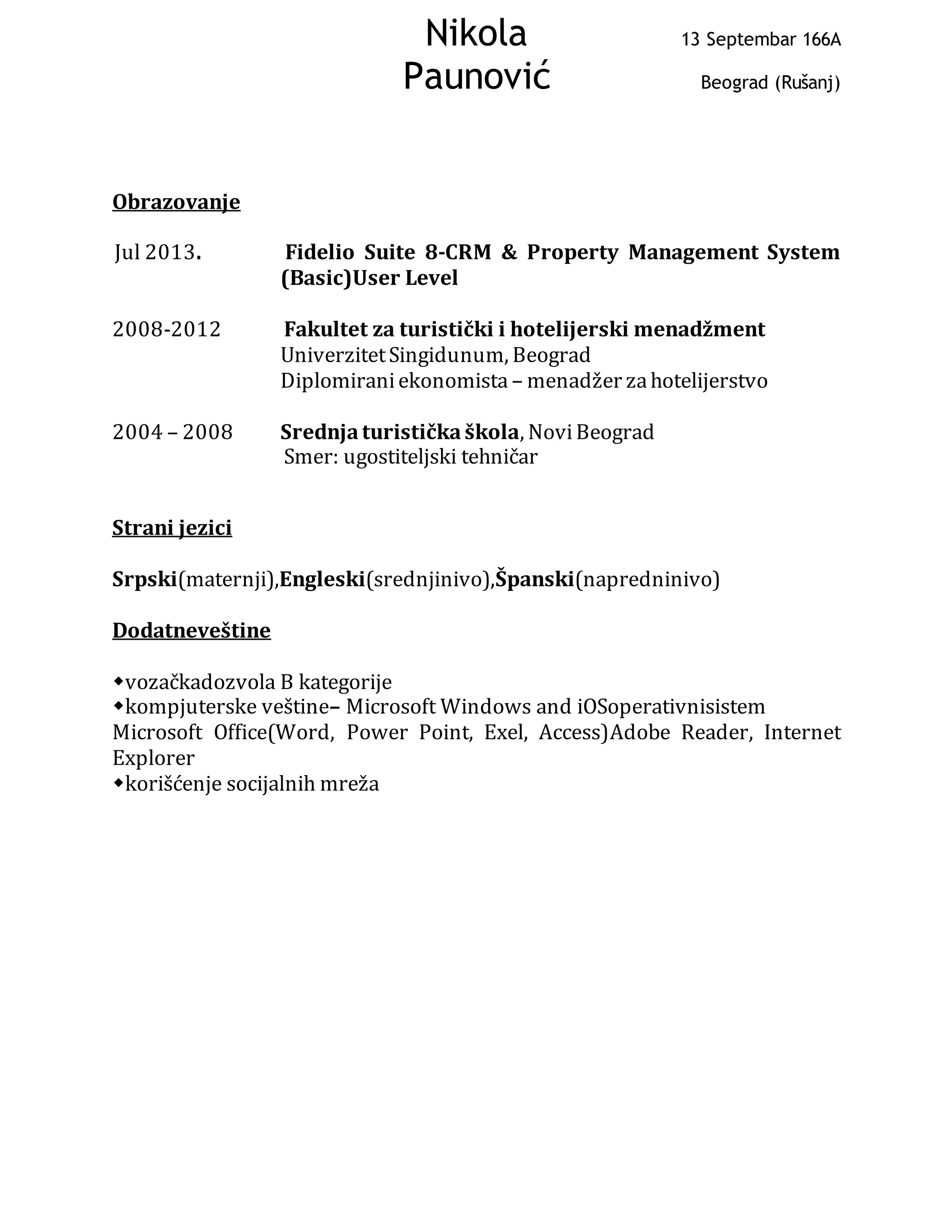 Curriculum Vitae Nikola Paunović | PDF