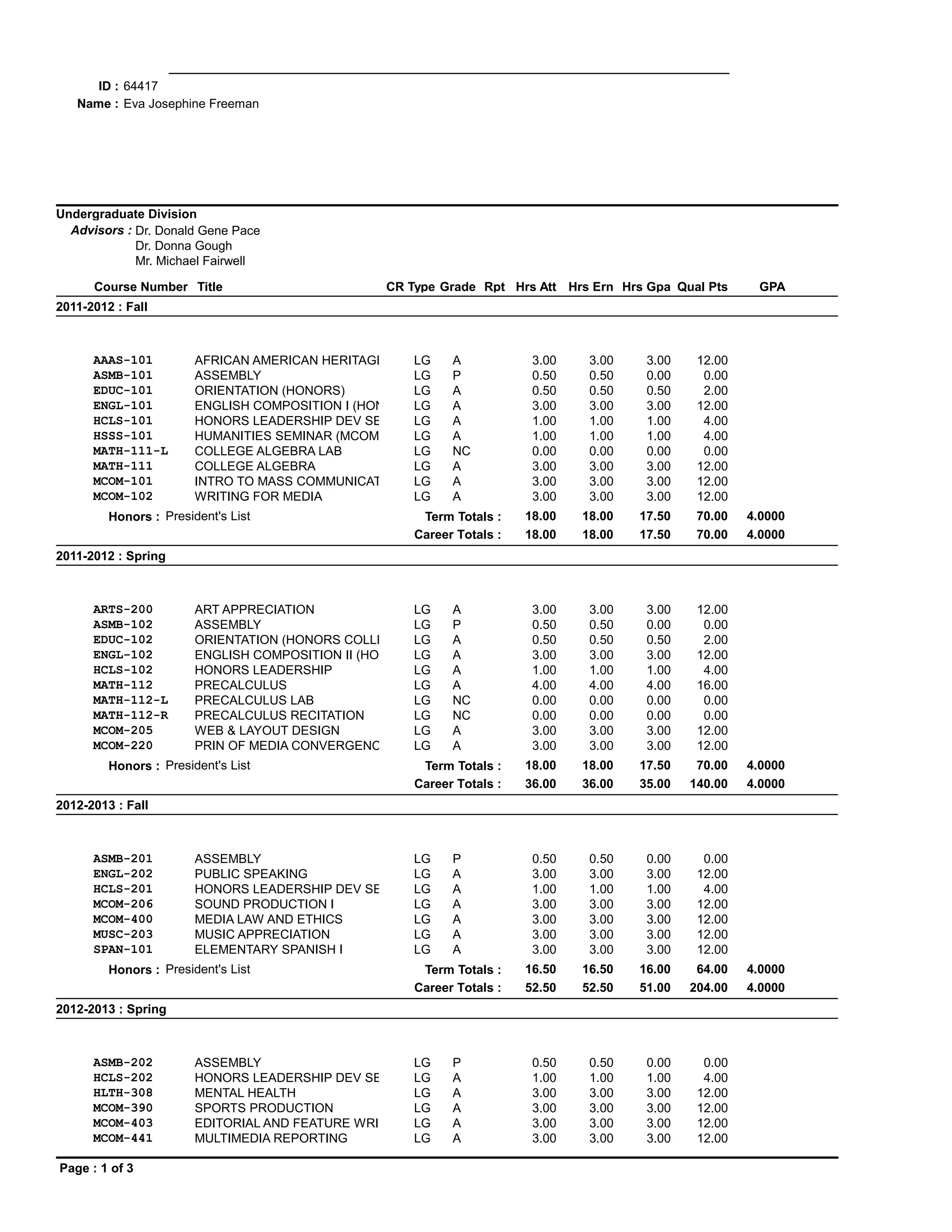 Eva Freeman Final Transcript | PDF