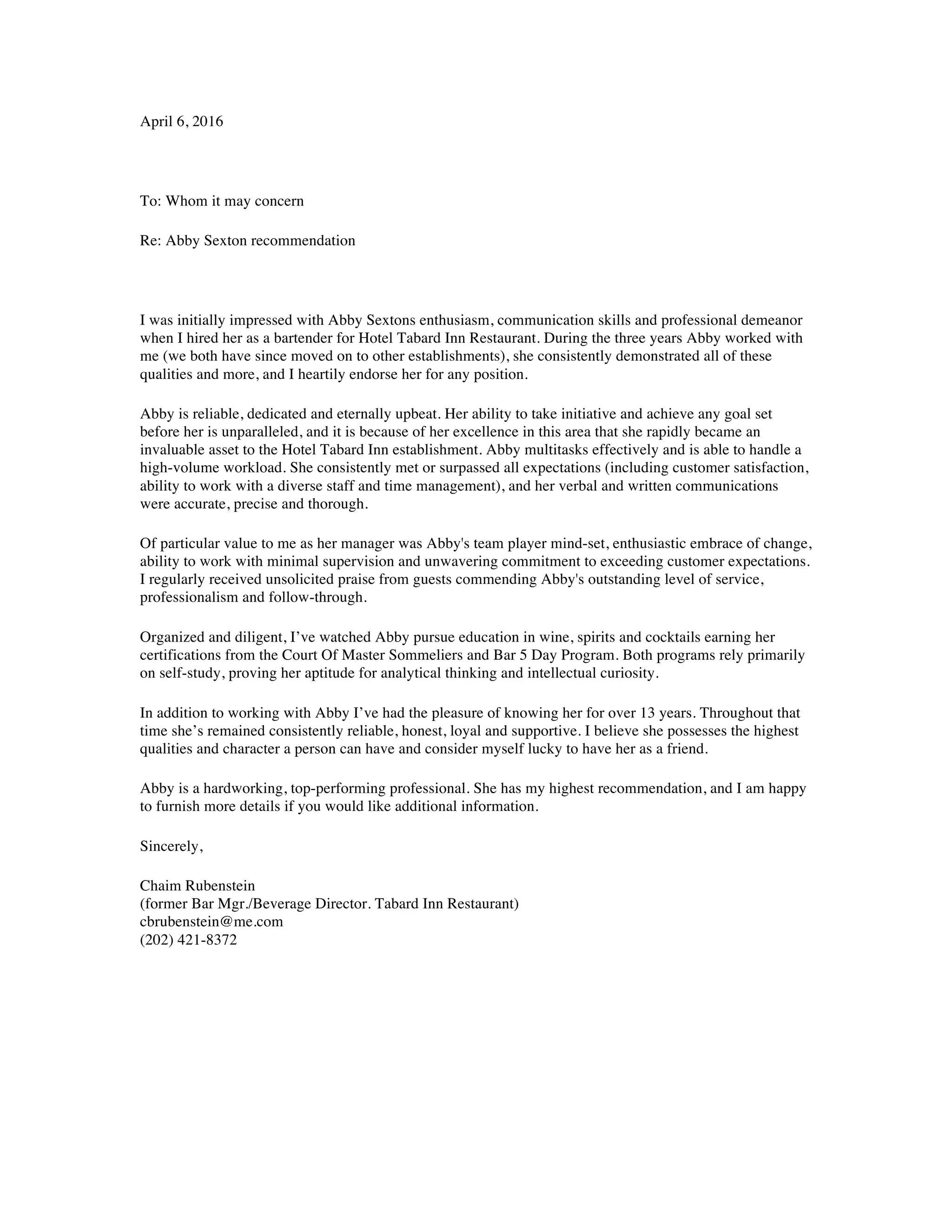 Abigail Sexton - Letter Of Recommendation | PDF