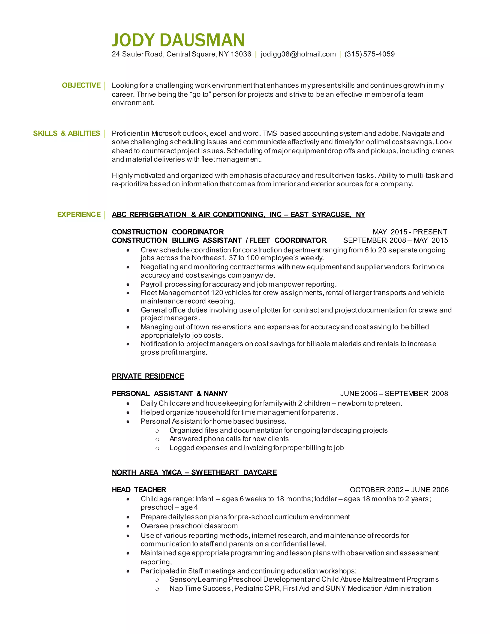 Jody Dausman_ Resume 2016 | DOCX | Daycare and Pre-School | Parenting