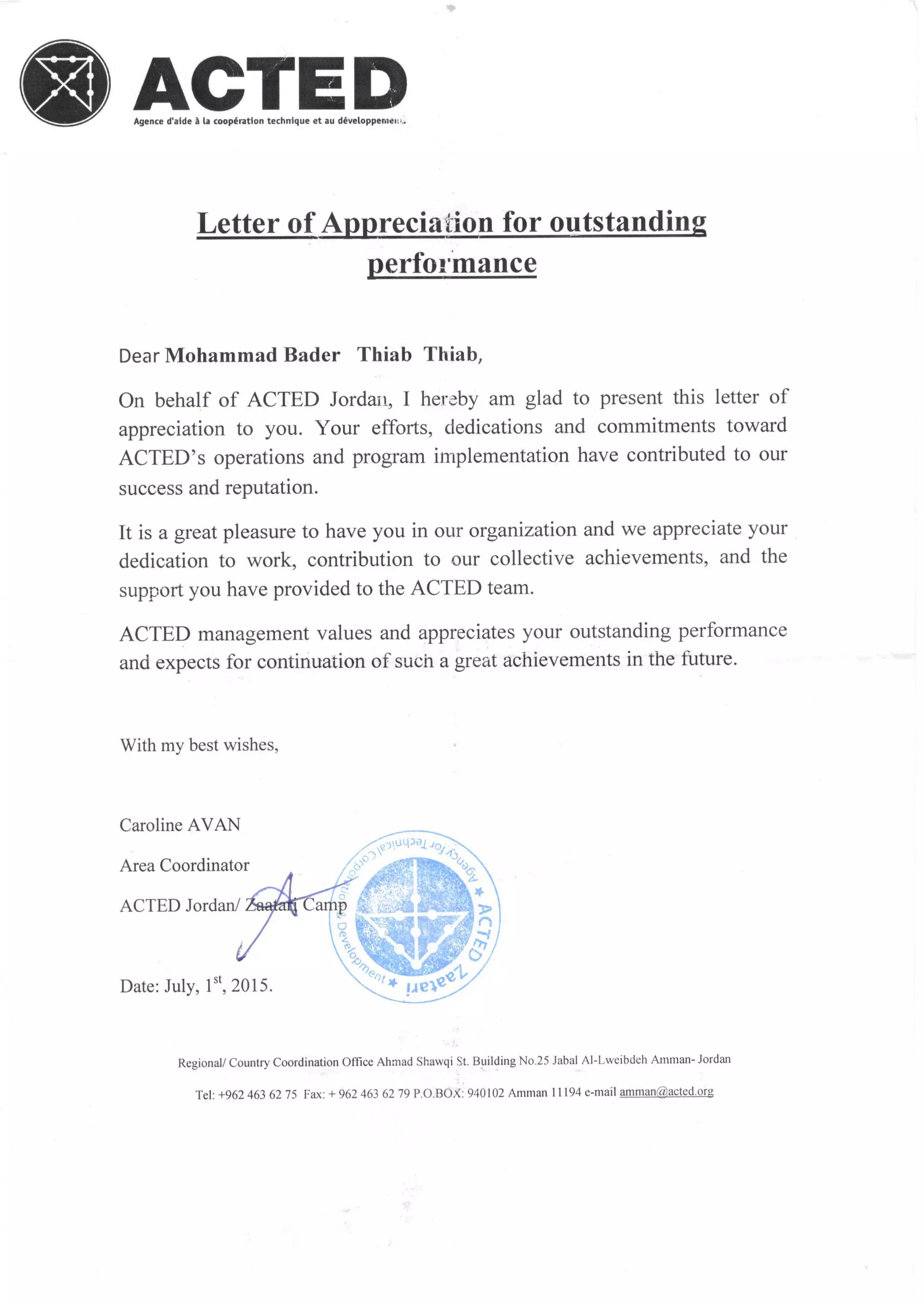 Appreciatation Letter - ACTED | PDF