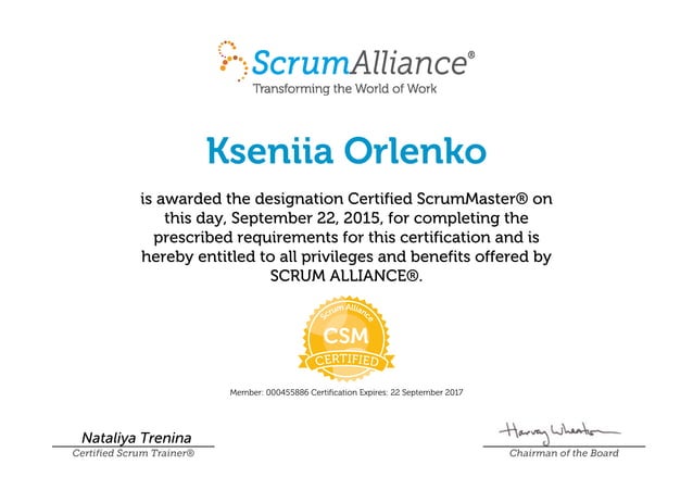 Kseniia Orlenko-ScrumAlliance_CSM_Certificate | PPT