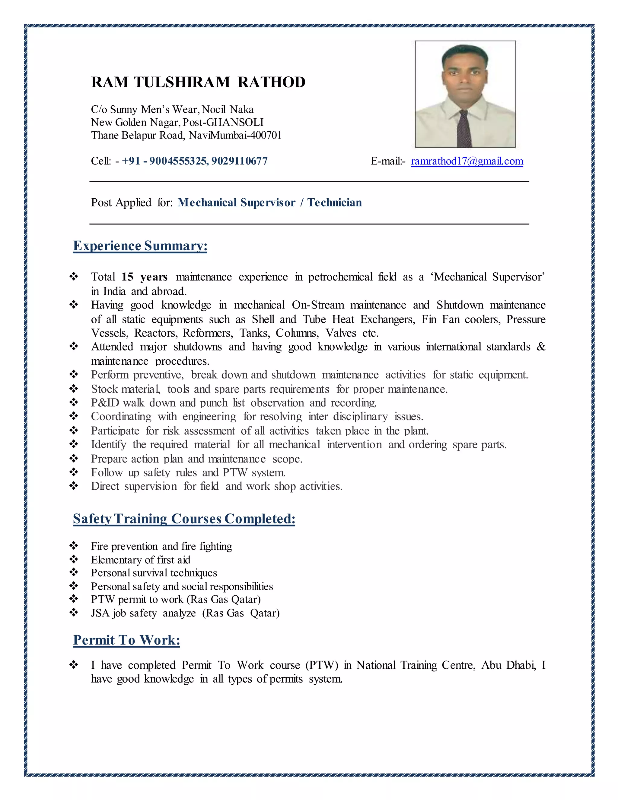 RAM TULSHIRAM RATHOD- 2015 updated CV (1) | PDF
