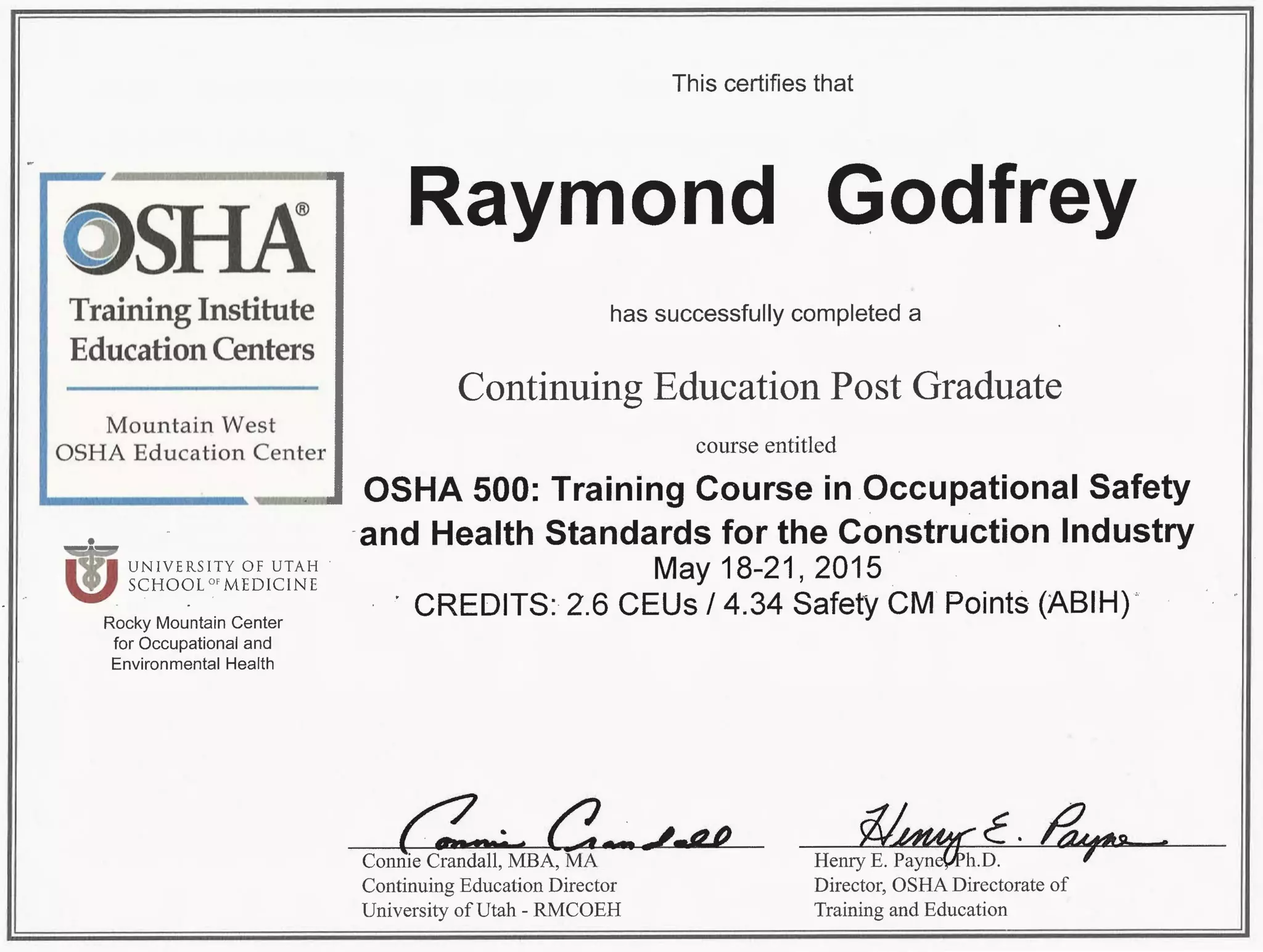OSHA 500 - 2015 - Ray Godfrey - Certificate | PDF