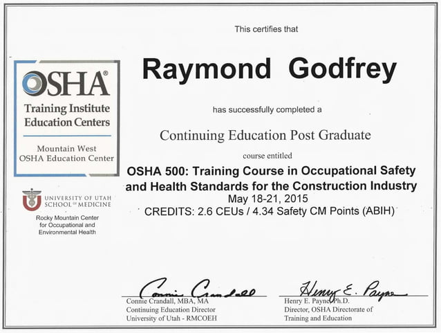 OSHA 500 - 2015 - Ray Godfrey - Certificate | PDF