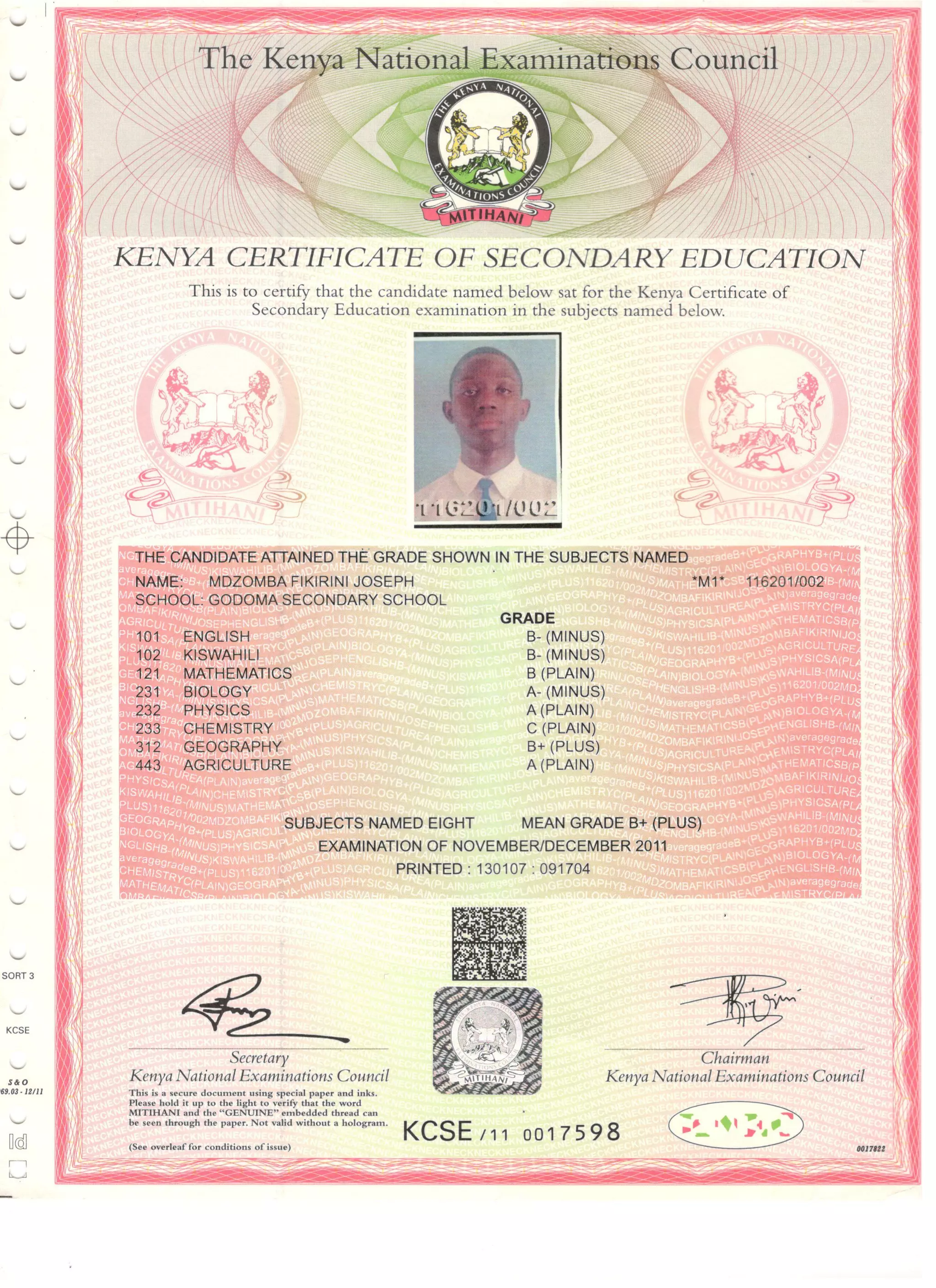 KCSE CERTIFICATE | PDF