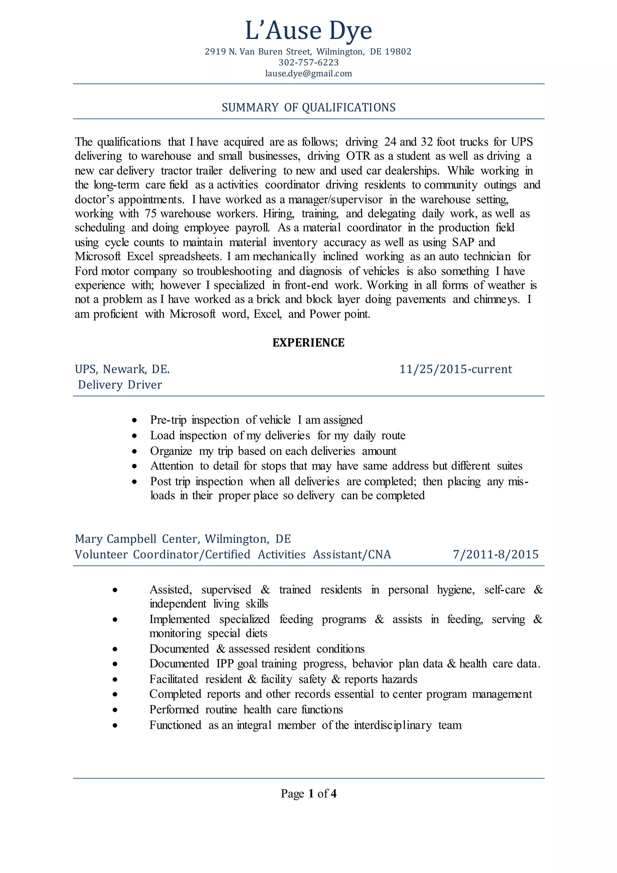 Lause Dye Driving Resume | PDF