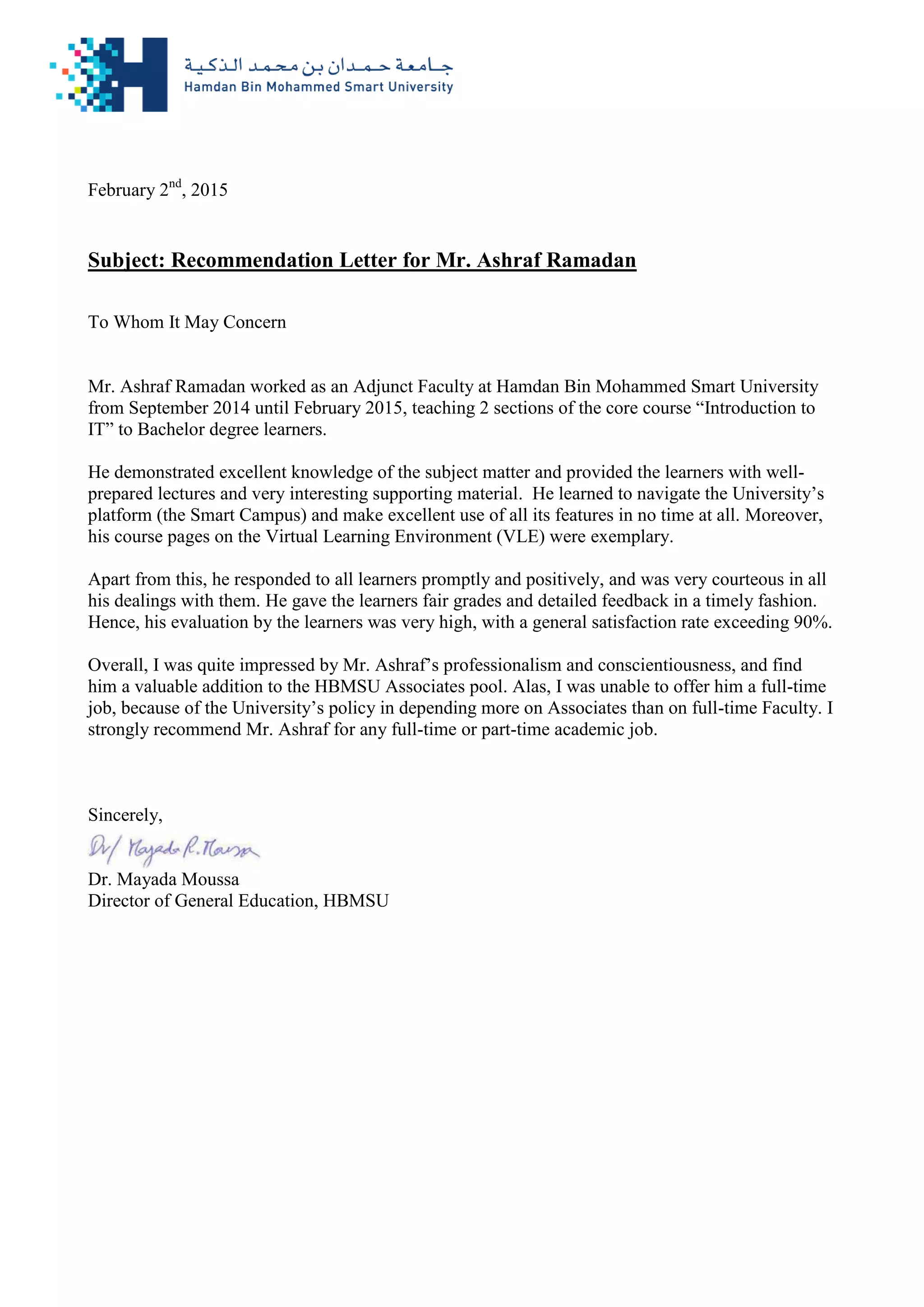 Rcommendation Letter - Mr. Ashraf Ramadan | PDF