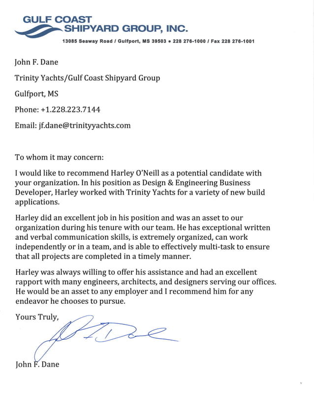 Trinity Yachts Letter of Recommendation | PDF