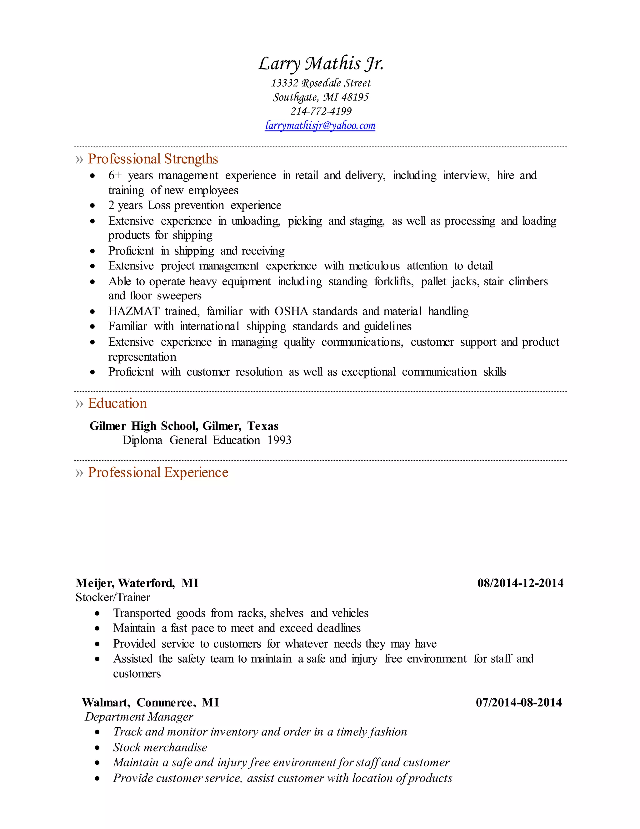 Larry Mathis Resume | PDF