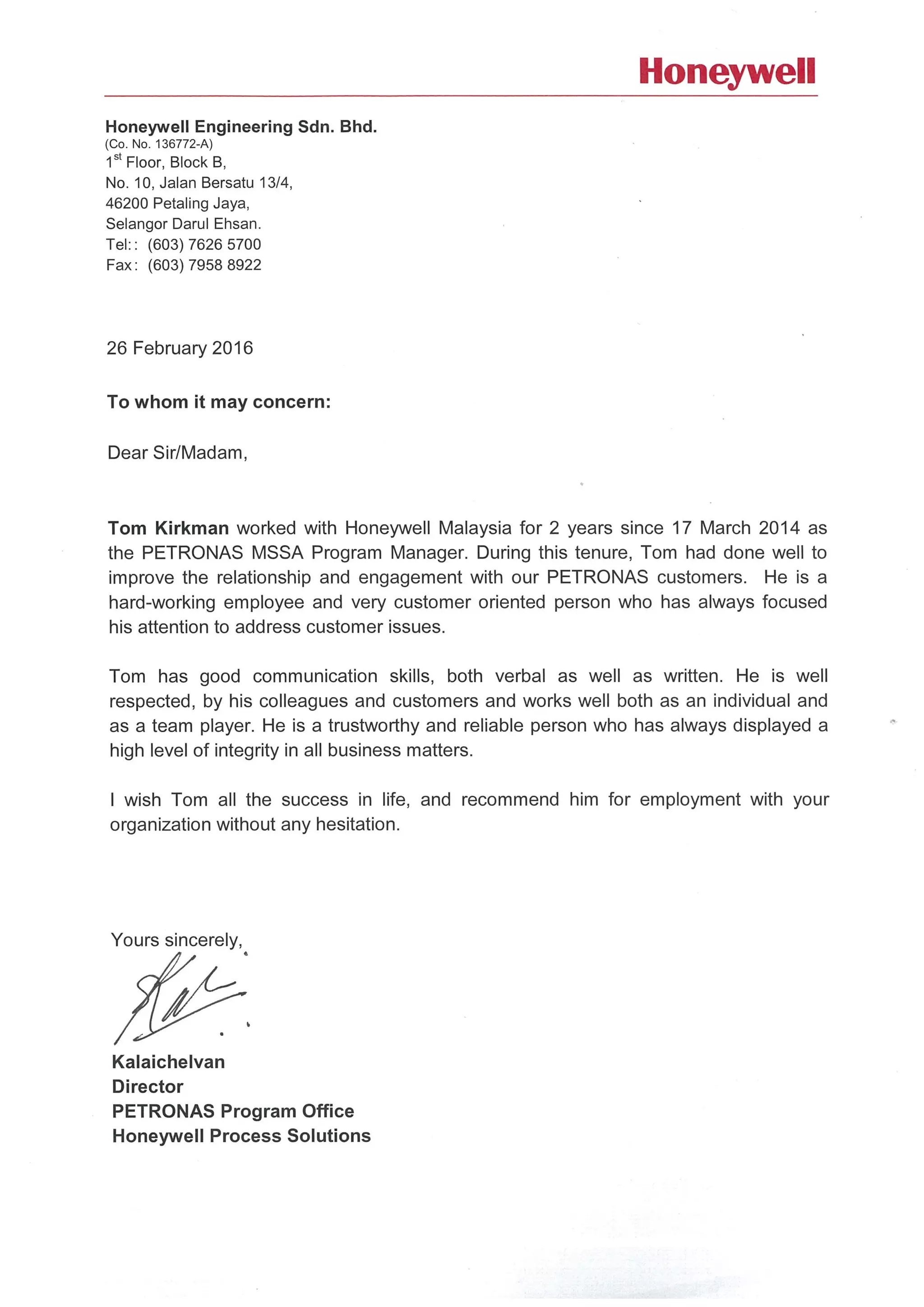 Letter of Reference from Honeywell Director _ RE Tom Kirkman | PDF