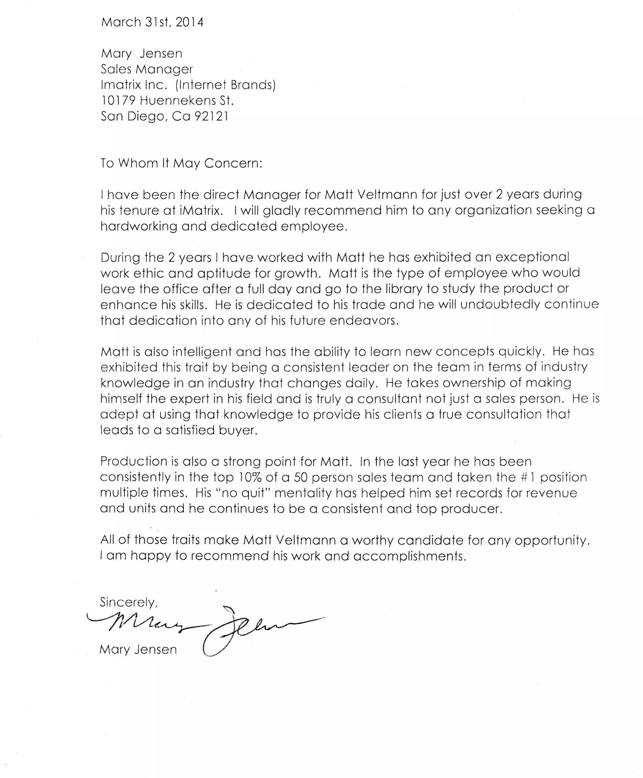 Mary Jensen- Letter of Recommendation | PDF