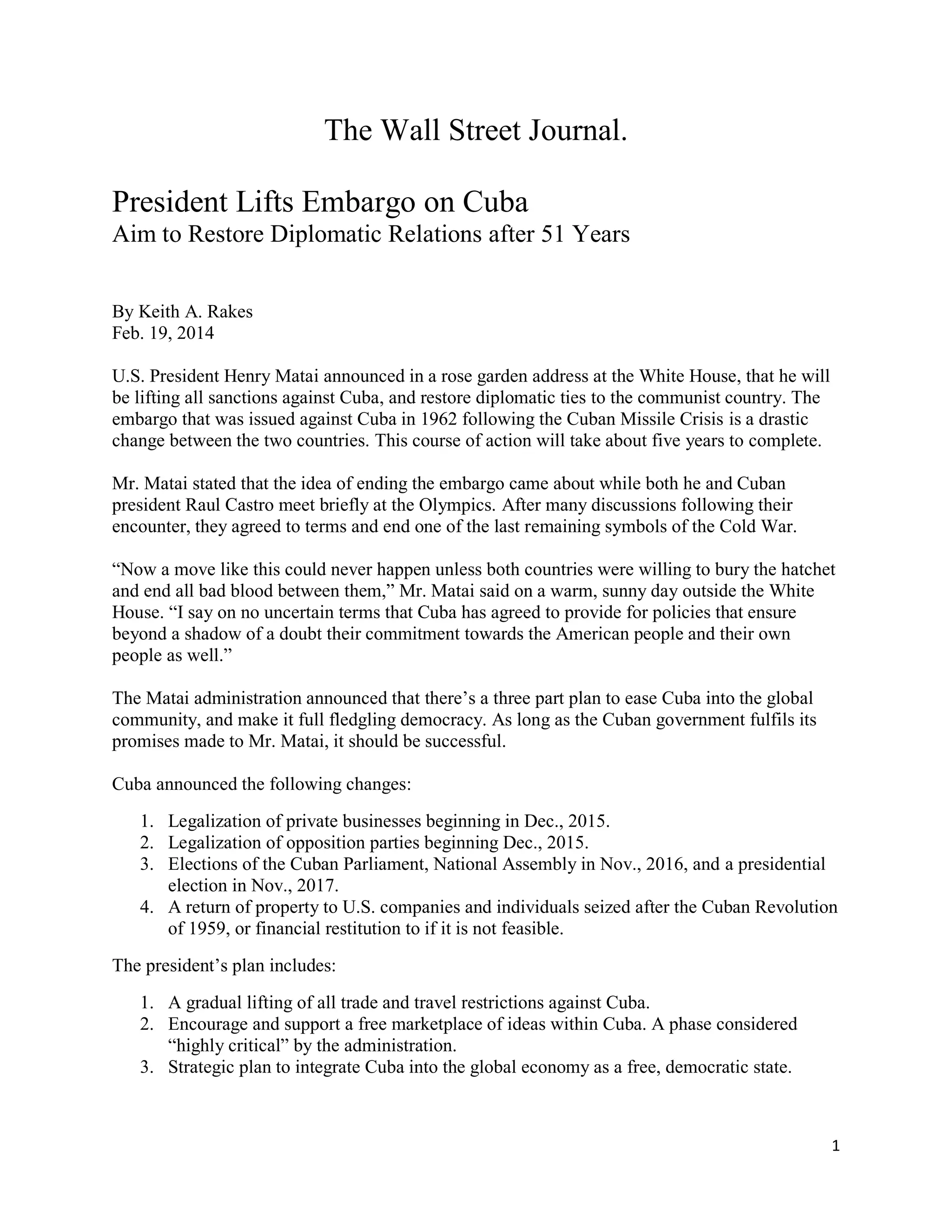 Wall Street Journal Article Class Assignment | PDF