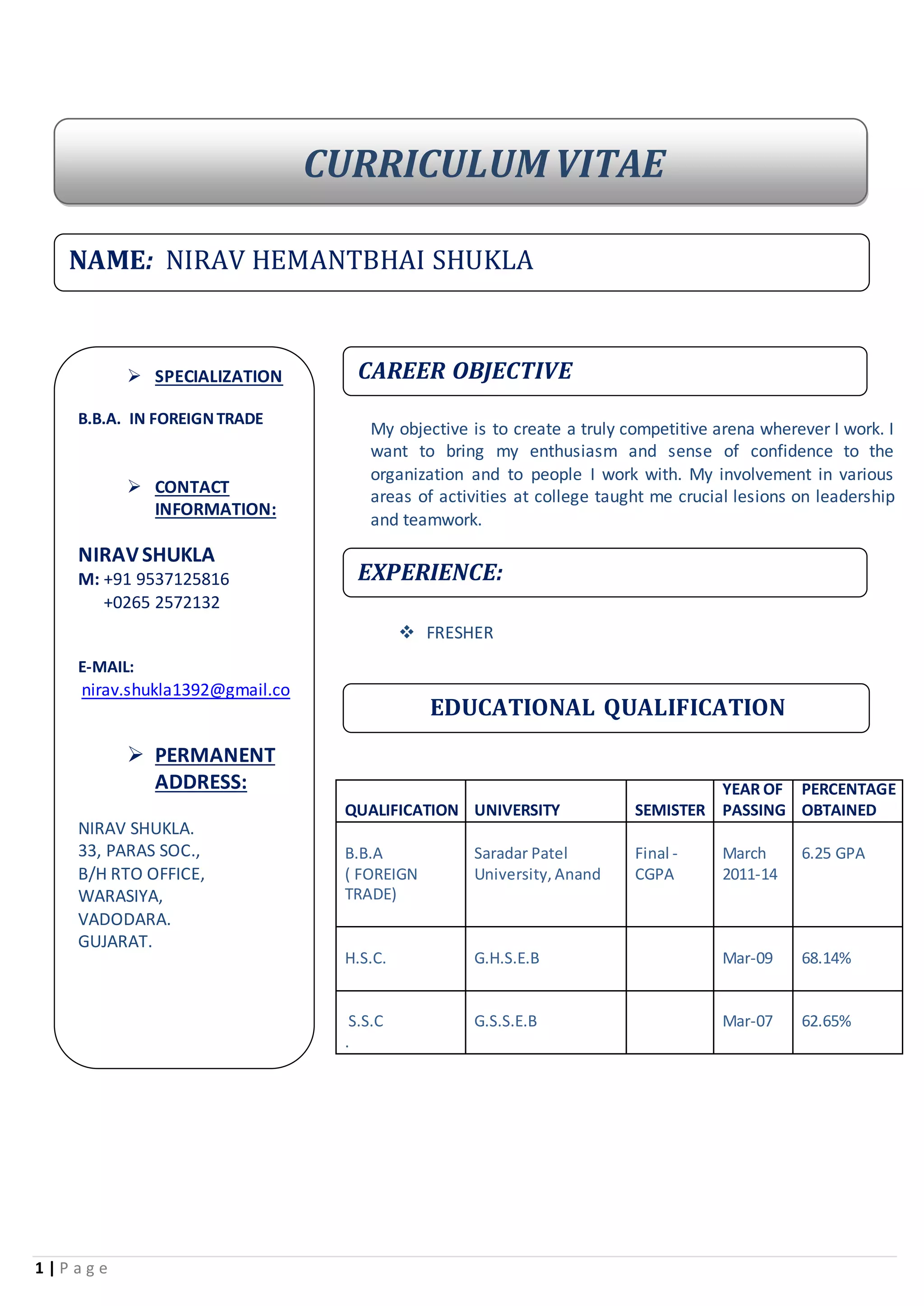 Nirav Shukla CV fresher in foreign trade | DOCX