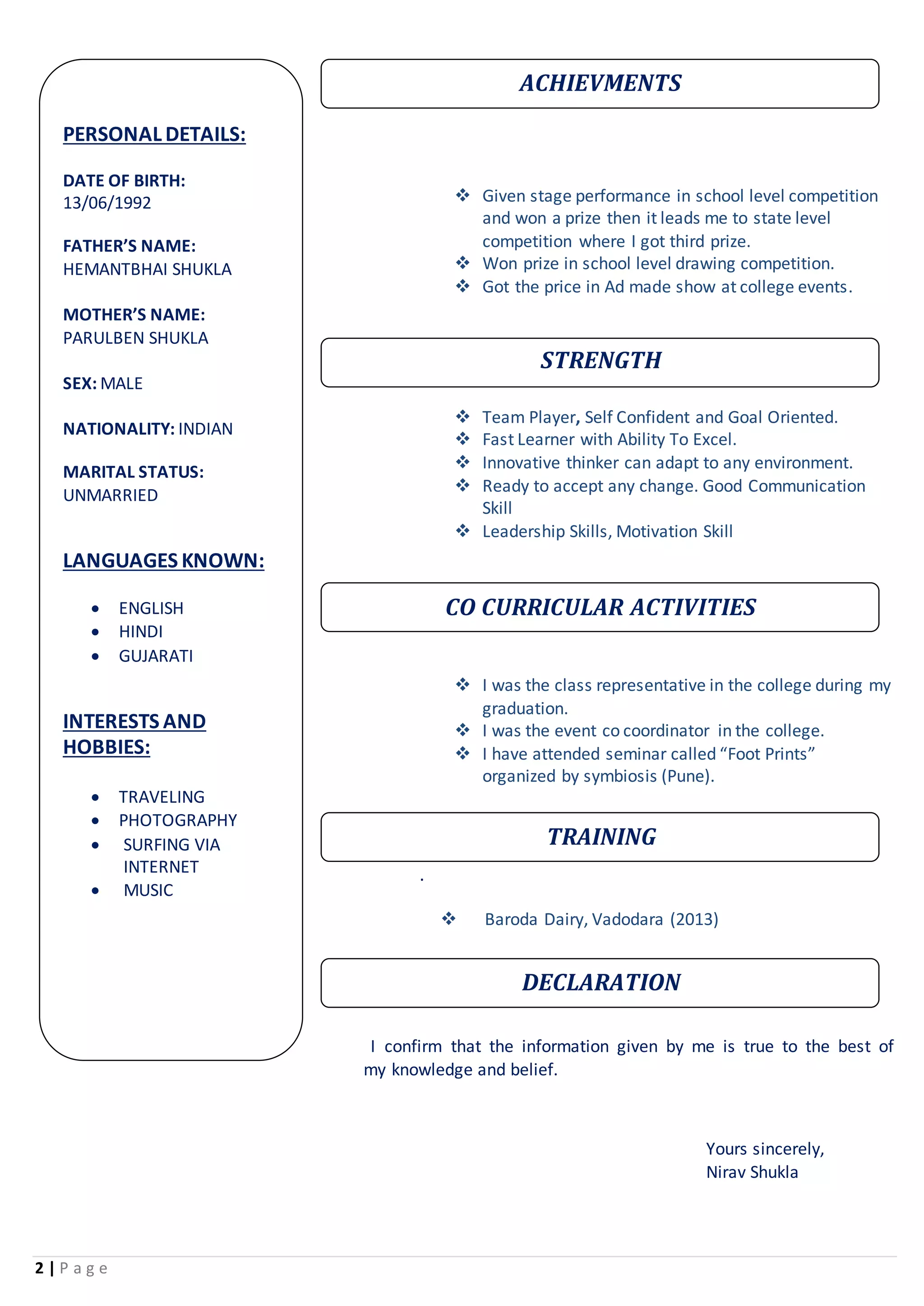 Nirav Shukla CV fresher in foreign trade | DOCX