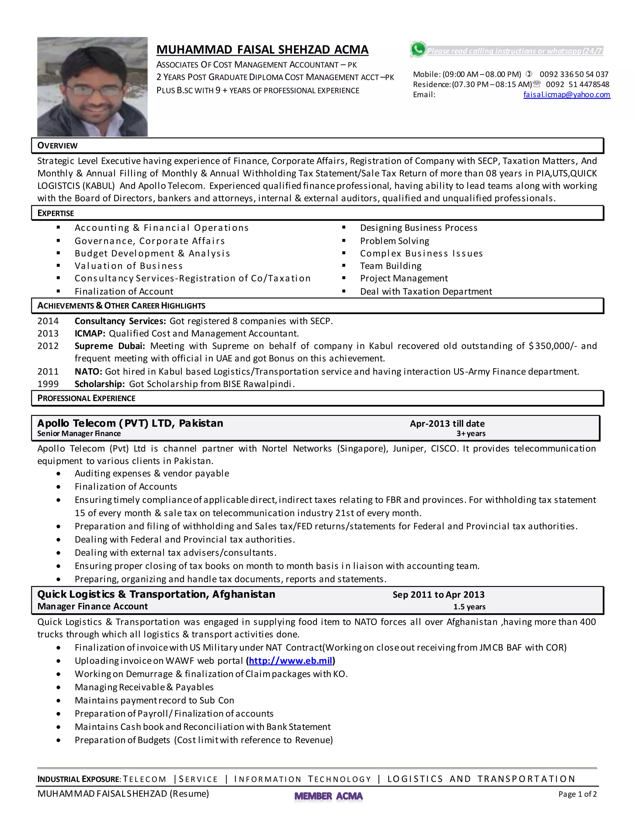 muhammad faisal ACMA resume | DOCX | Business Accounting & Finance | Business