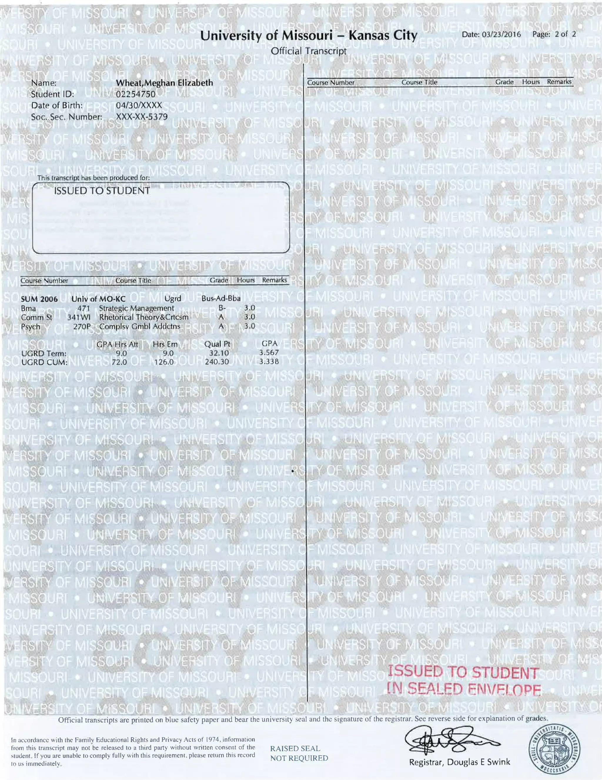 Meghan Wheat UMKC College Transcript - BBA 2006 | PDF
