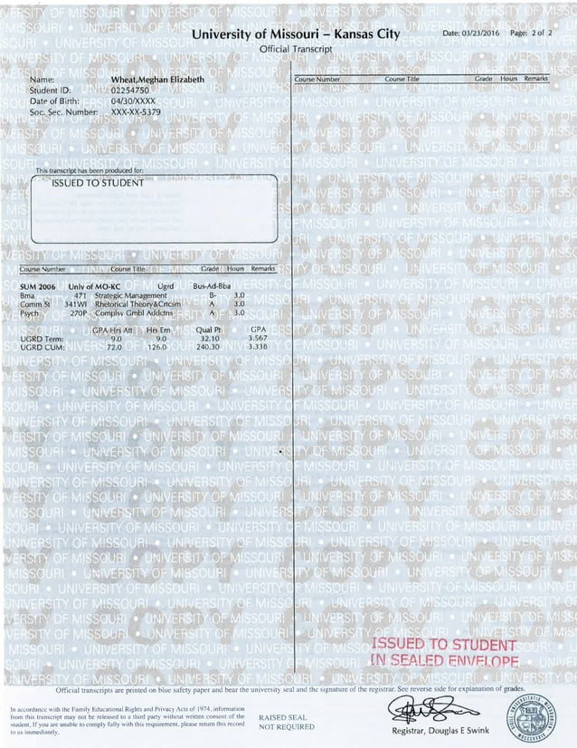 Meghan Wheat UMKC College Transcript - BBA 2006 | PDF