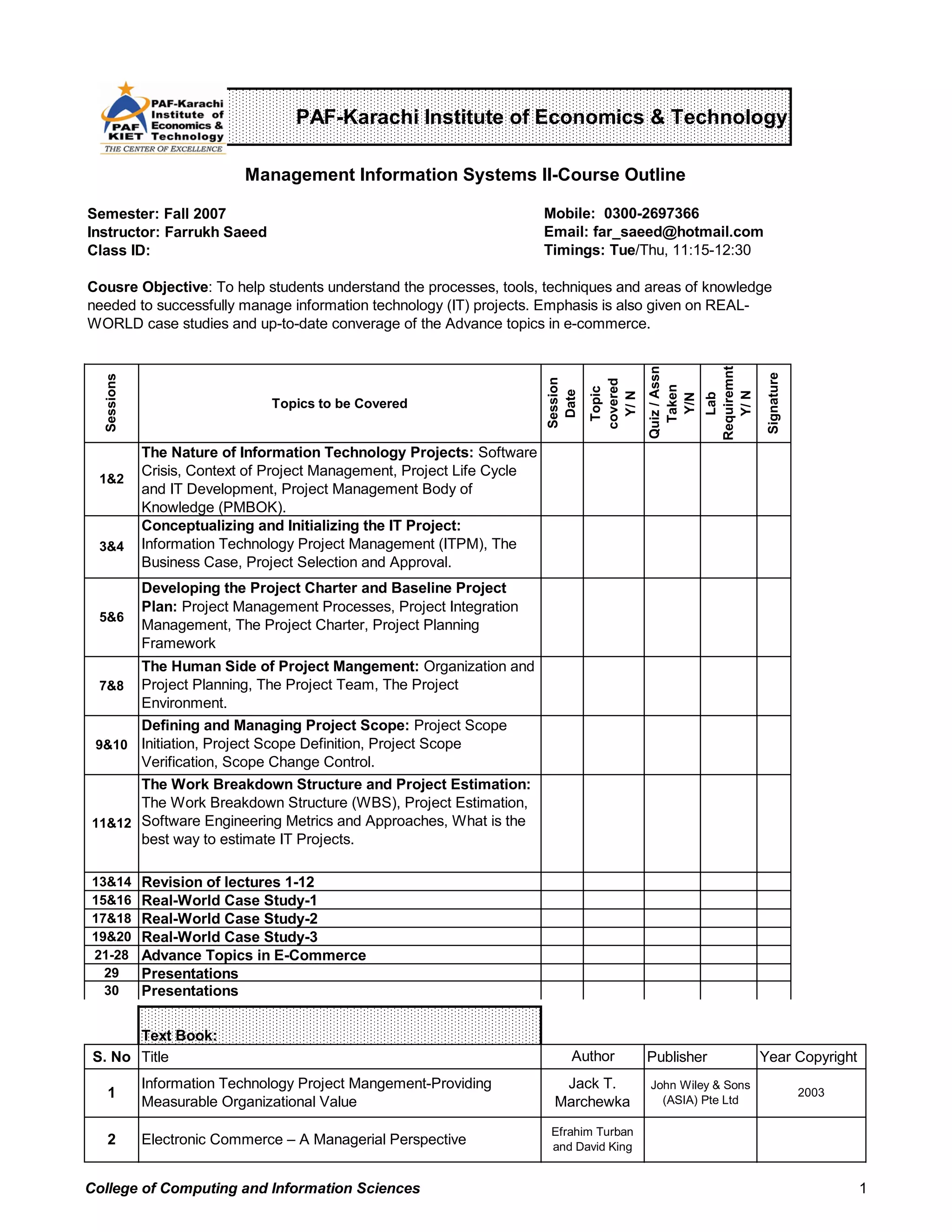 PAF-KIET FALL 2007 MIS-II Course Outline | PDF
