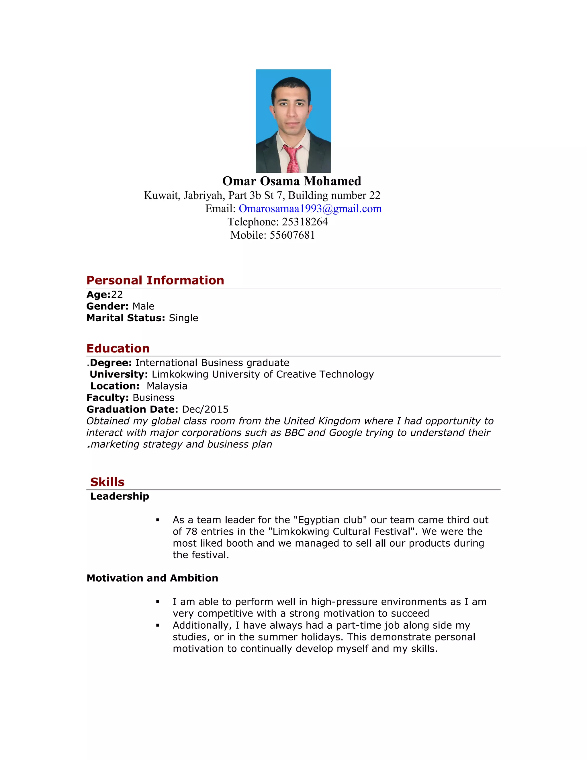 Omar Osama Mohamed CV | DOC | Business | Business and Finance