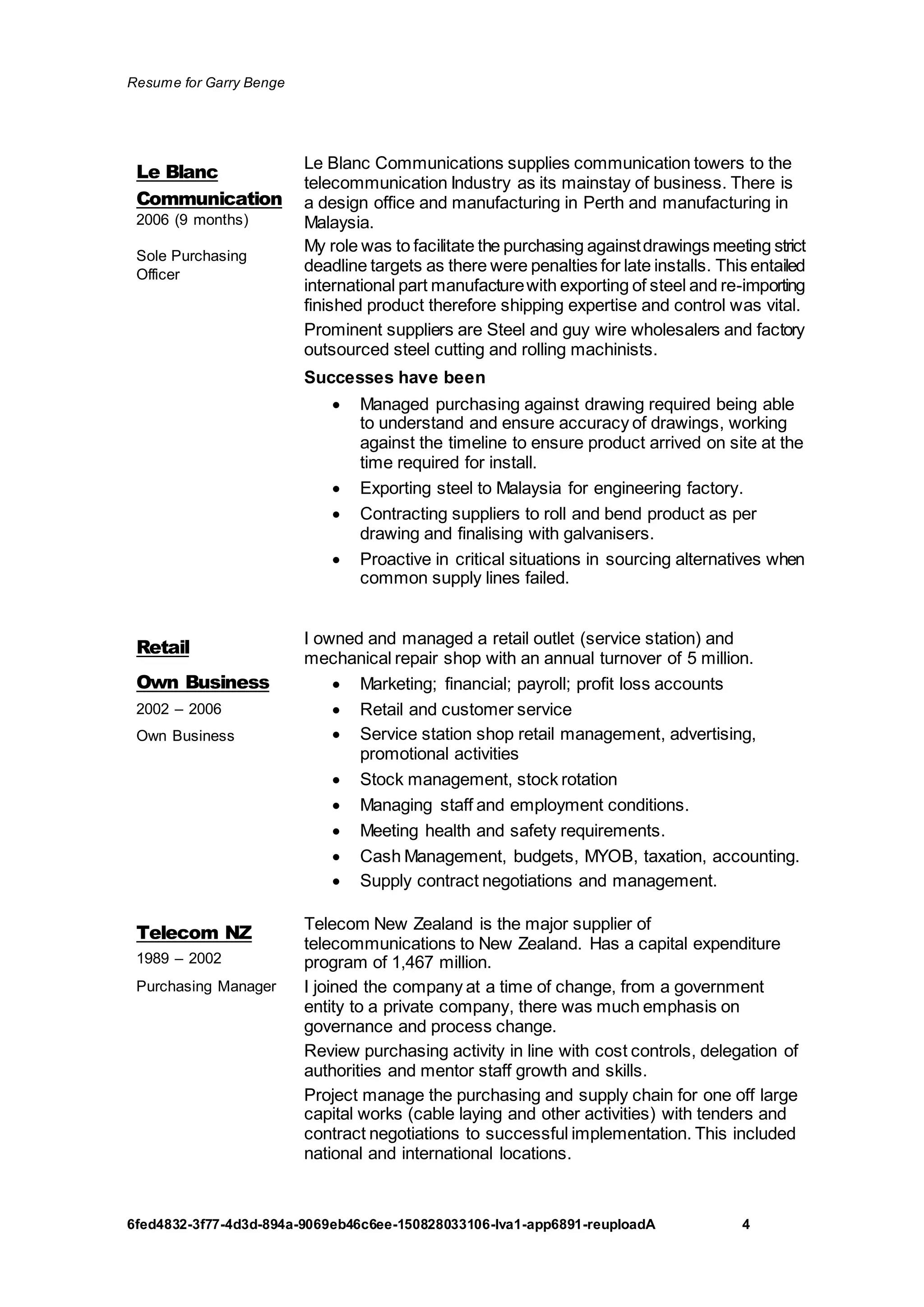 Resume Garry Benge 2016 | DOCX