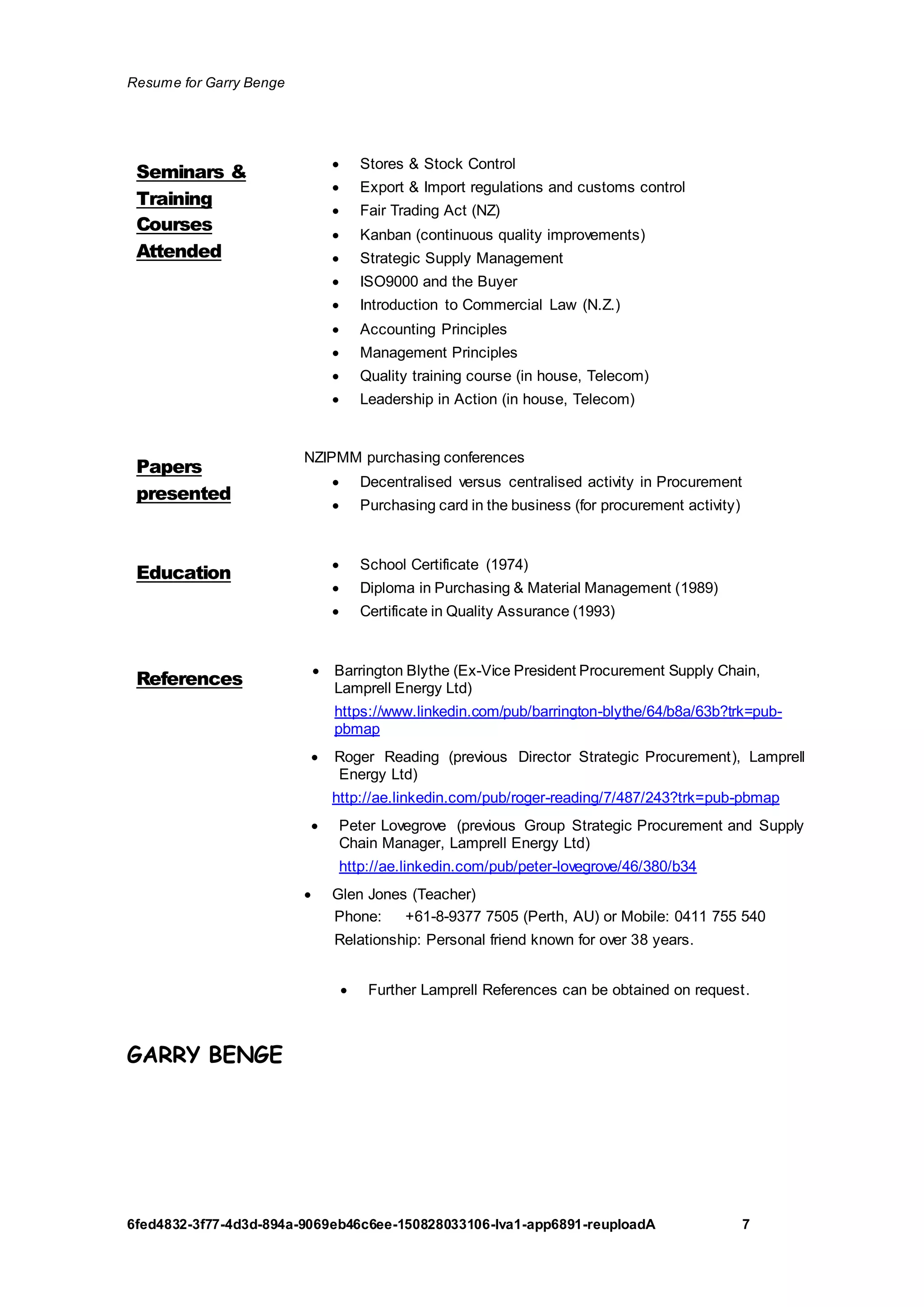 Resume Garry Benge 2016 | PDF