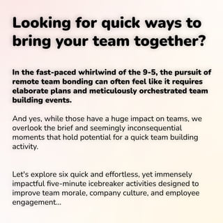 6 Five-Minute Team Building Activities for Instant Bonding | PDF