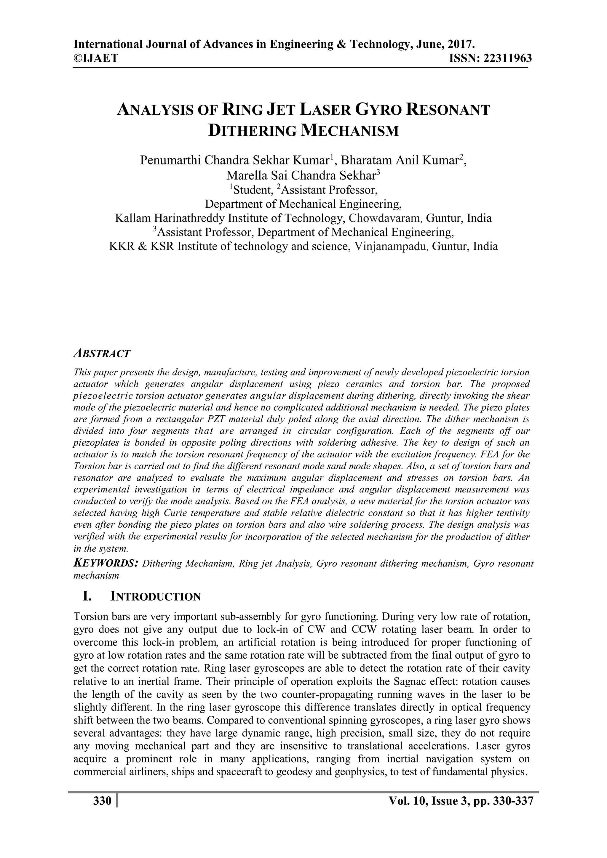 ANALYSIS OF RING JET LASER GYRO RESONANT DITHERING MECHANISM | PDF