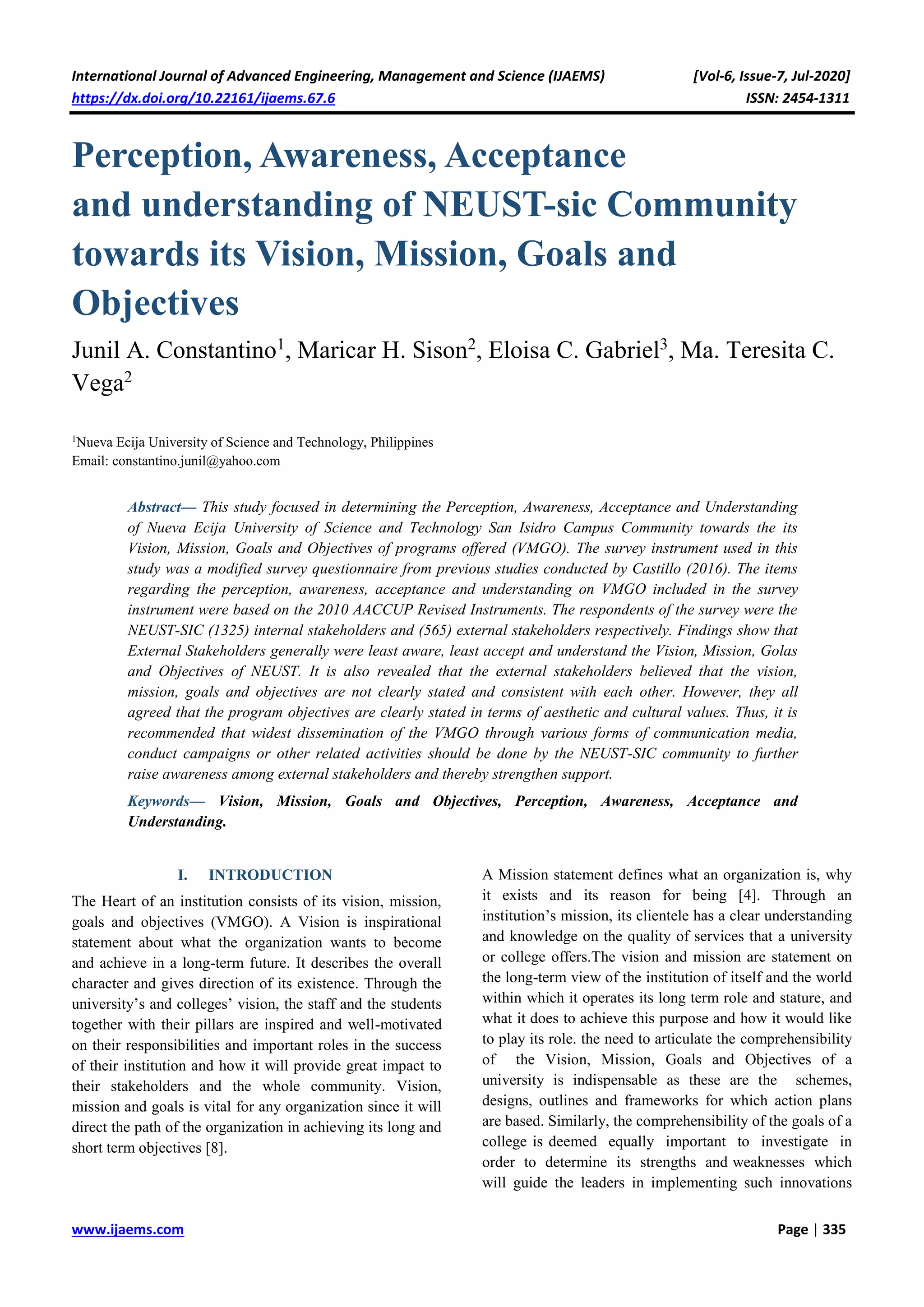 Perception, Awareness, Acceptance and understanding of NEUST-sic ...